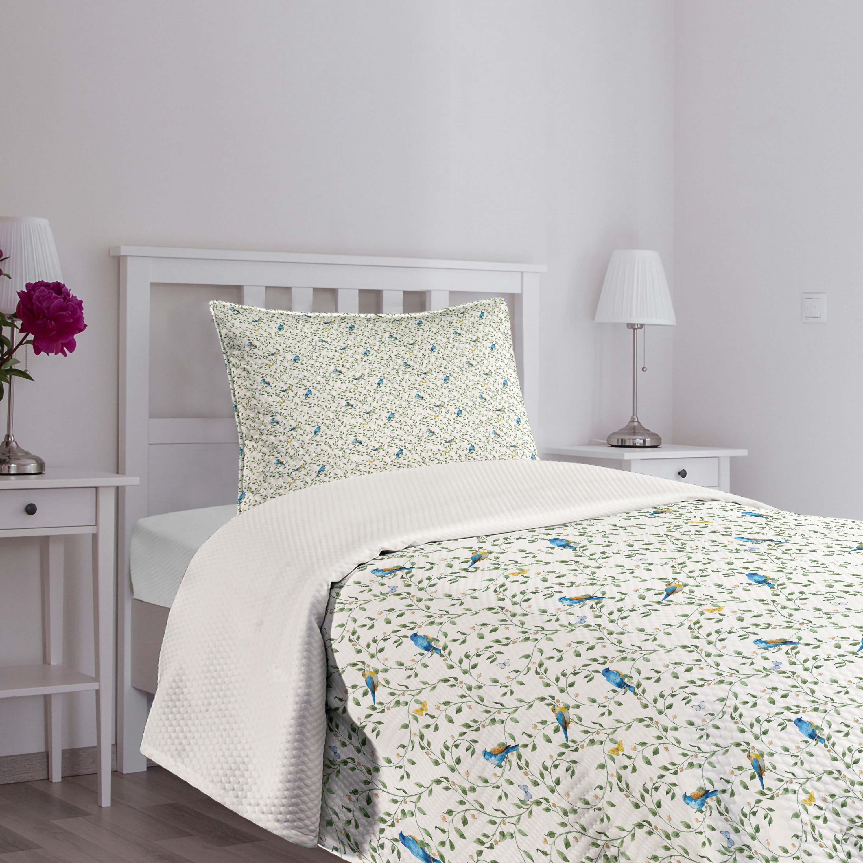 Ambesonne Birds Bedspread Set Thin Leafy Branches Berries Reseda Green ...