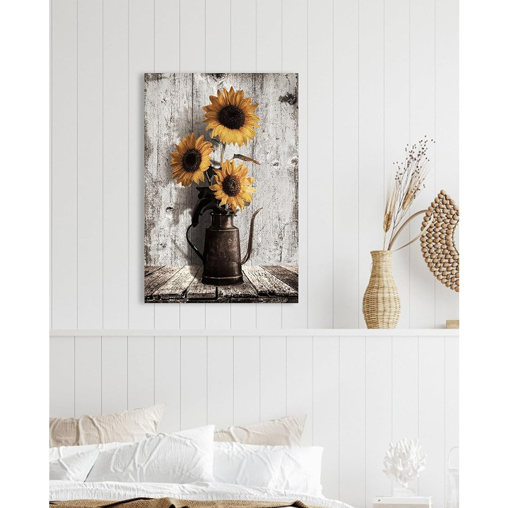 August Grove® Sunflower Pictures Farmhouse Wall Art: Rustic Sunflower ...