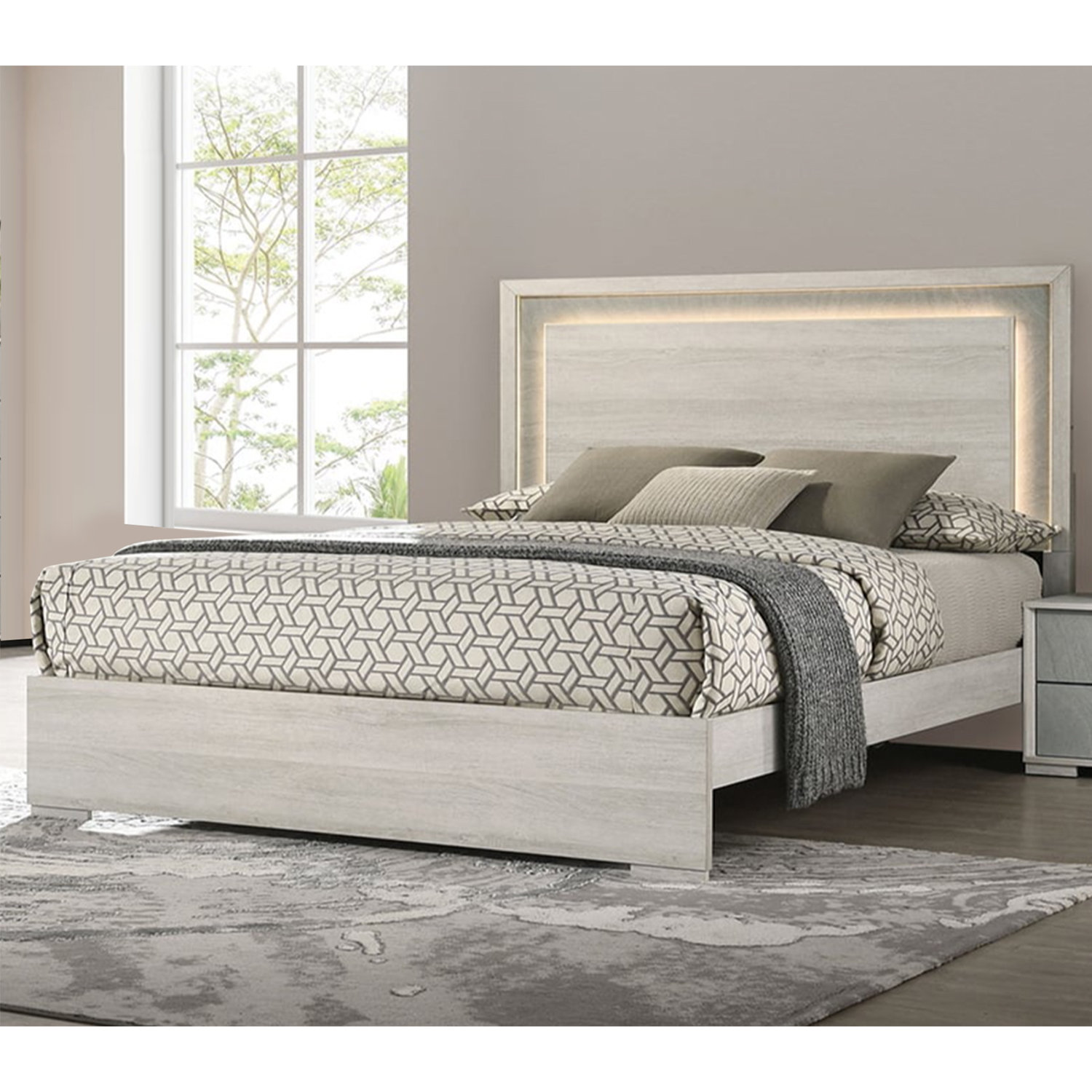 Ivy Bronx Wooden Eastern Bed With LED Light In White Wash And Stone ...