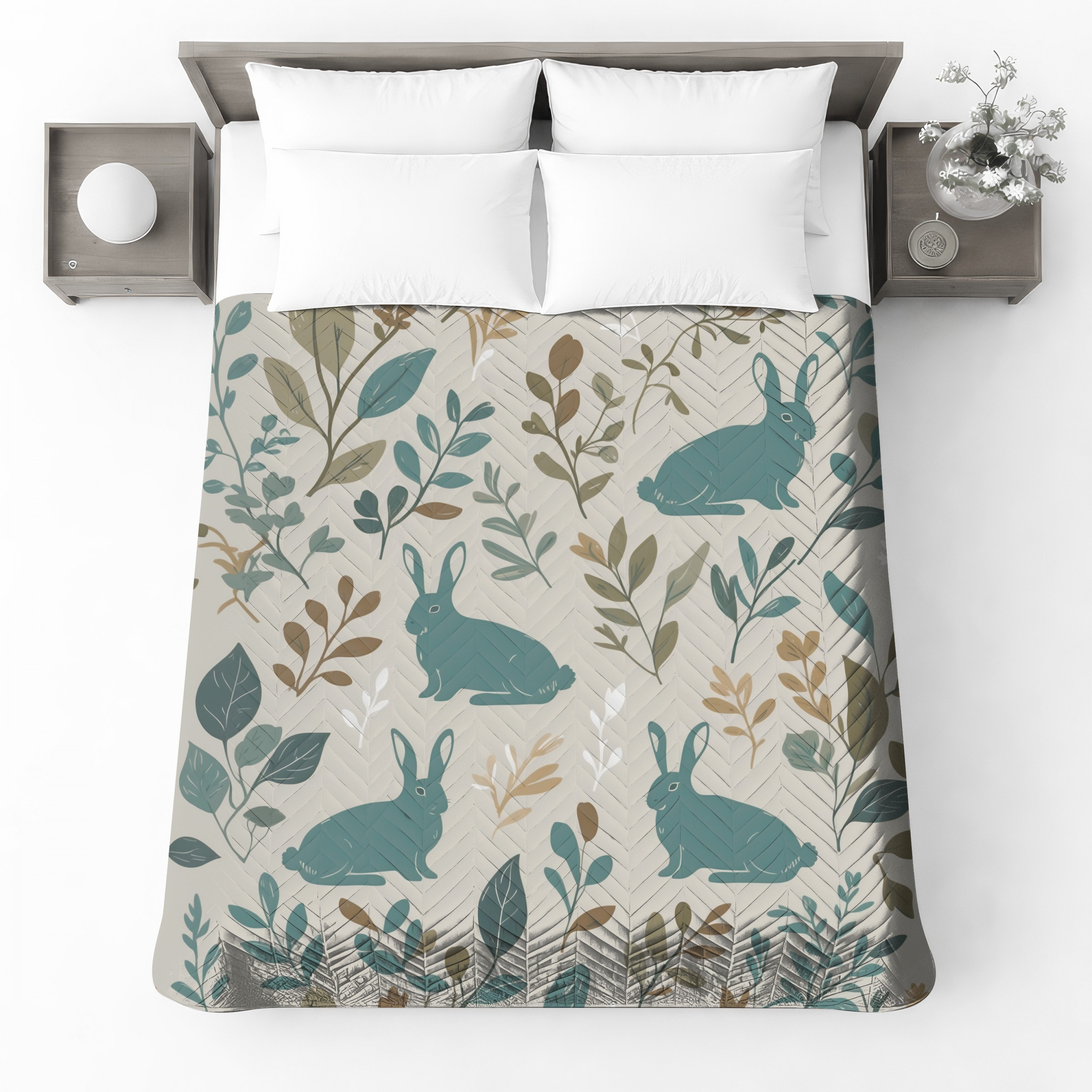 VisionDecor Rabbits With Floral Elements Bedding Rabbits Bedspread ...
