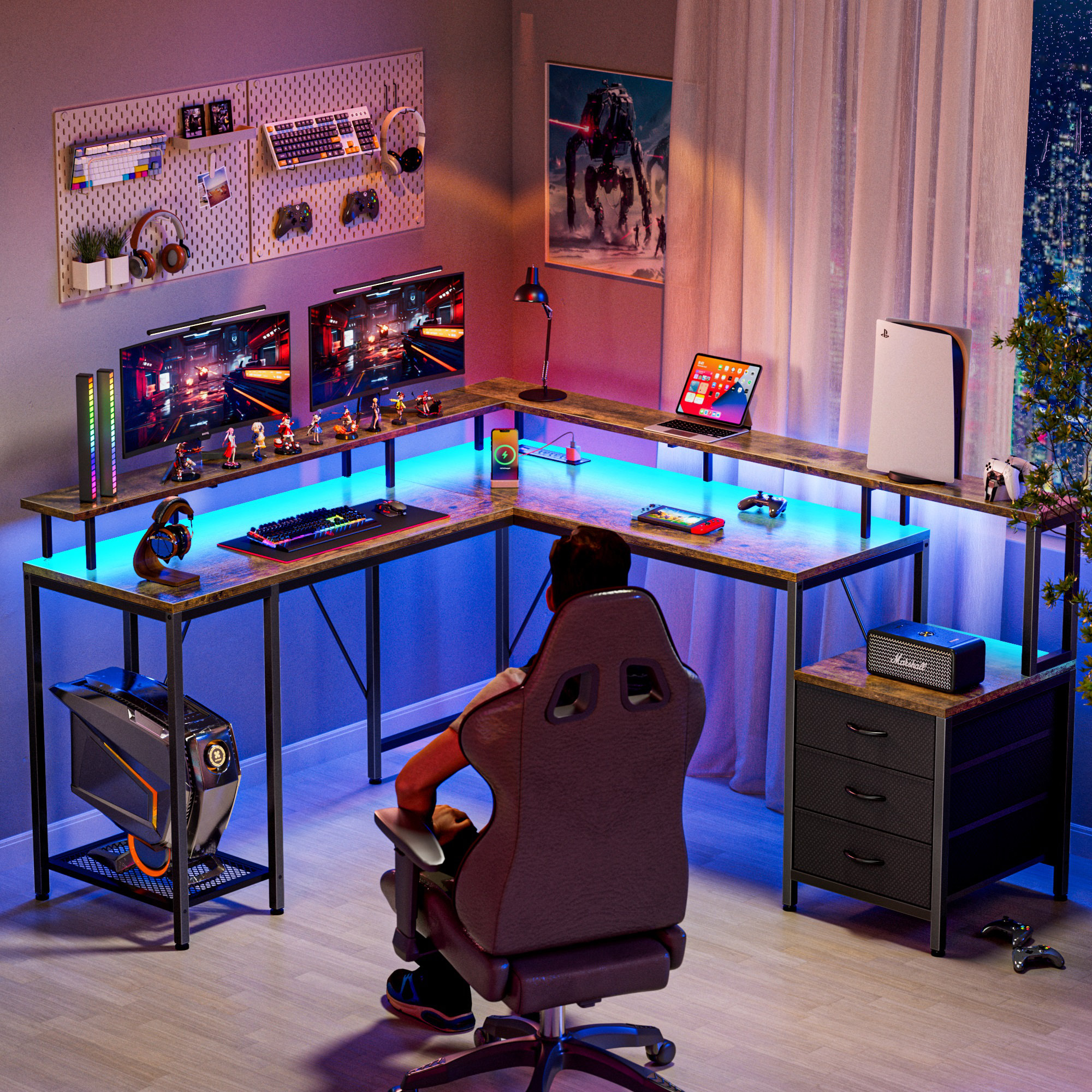 Inbox Zero Macire L Shaped Desk with File Drawers,Computer Desk with ...