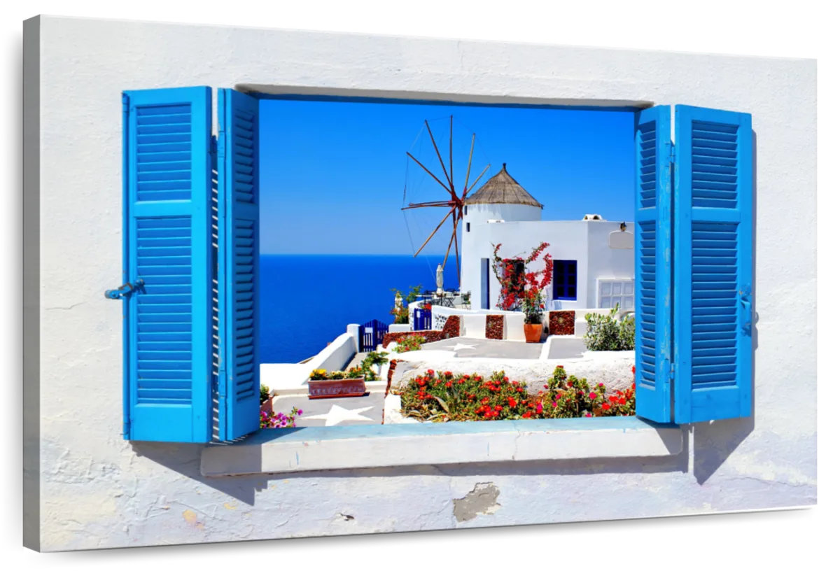 Ebern Designs Ravi Oia Windmill Window View | Wayfair
