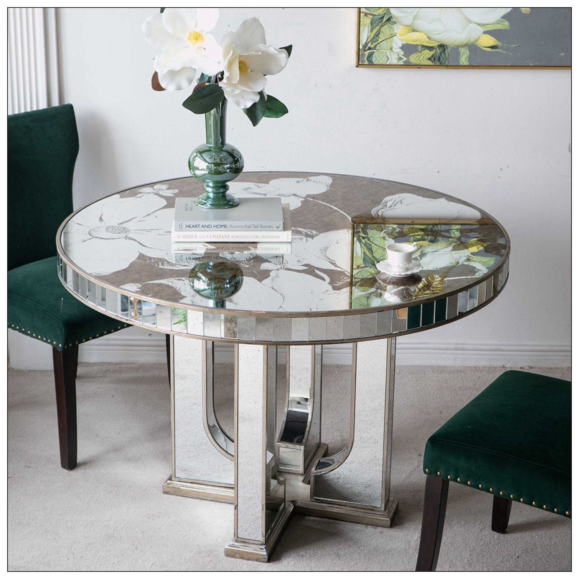 Ivy Bronx Round Dining Table with Elegant Floral Design and Mirrored ...