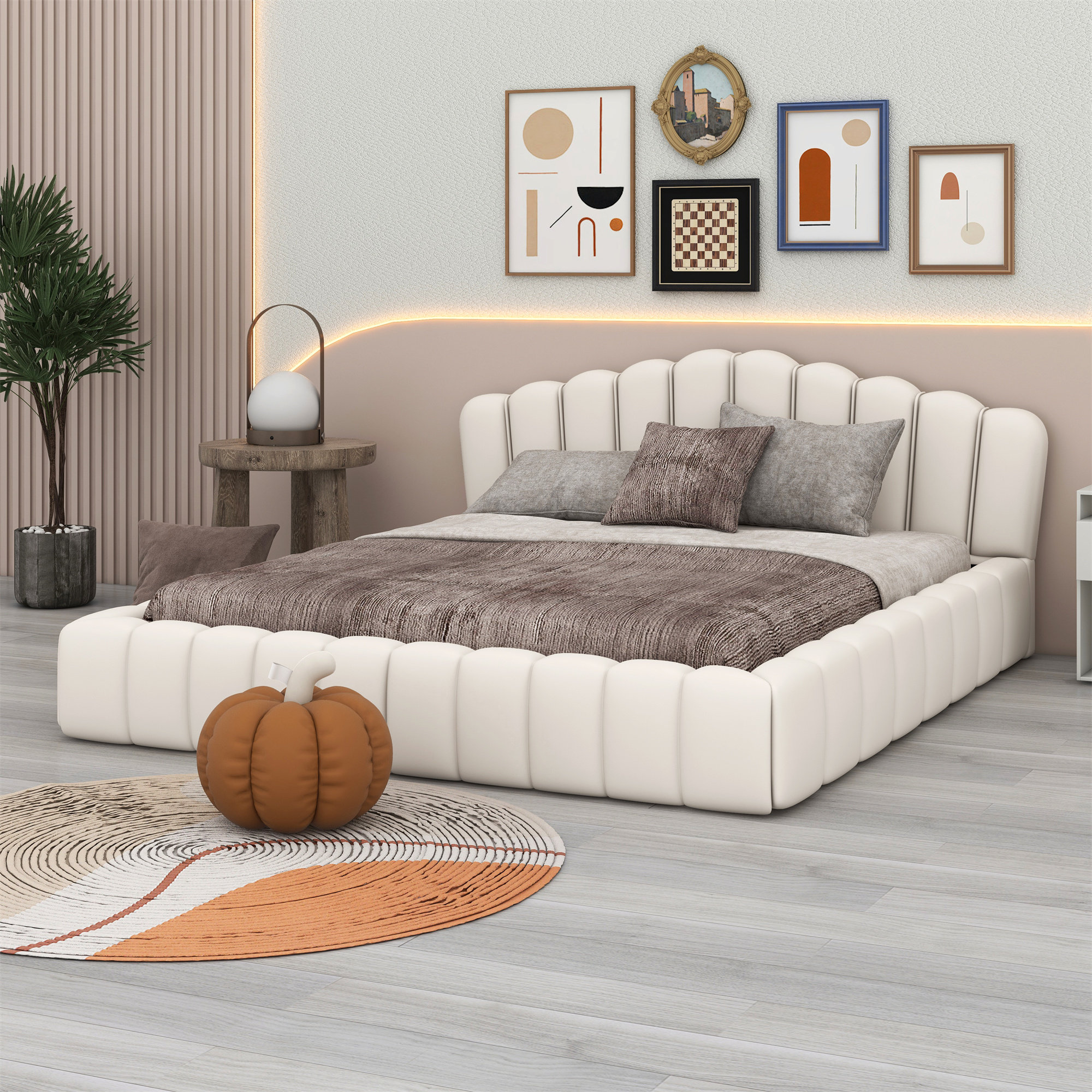 Latitude Run® Upholstered Bed Frame Floor Bed Shell-Shaped Headboard ...