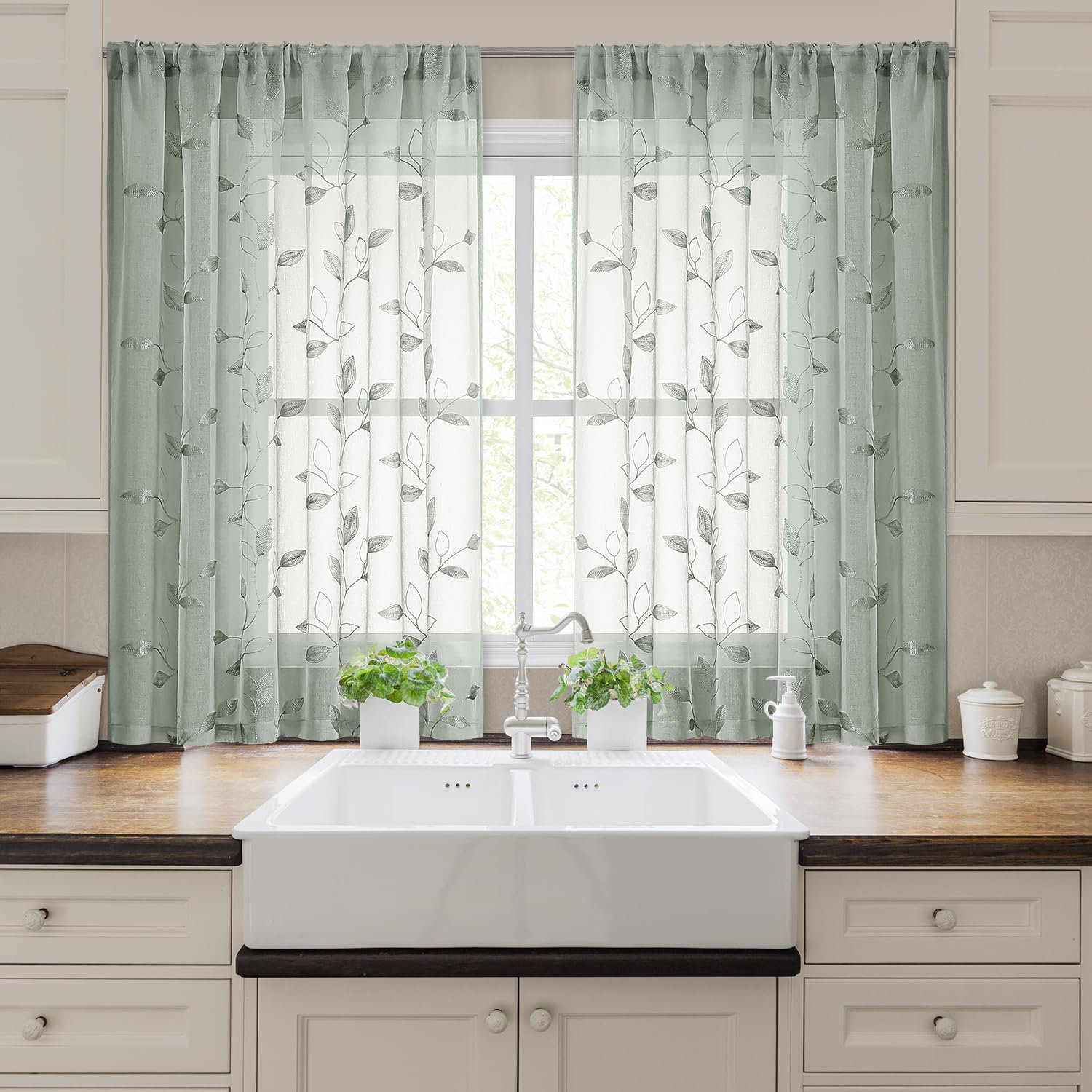 FETLOD Sheer Kitchen Curtains 52 X 45 Inch Length 2 Panels Embroidered ...