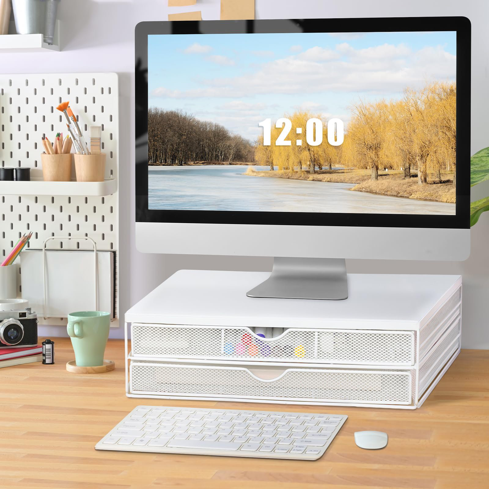 17 Stories Wooden Monitor Stand With Drawers, Metal Grid Computer ...