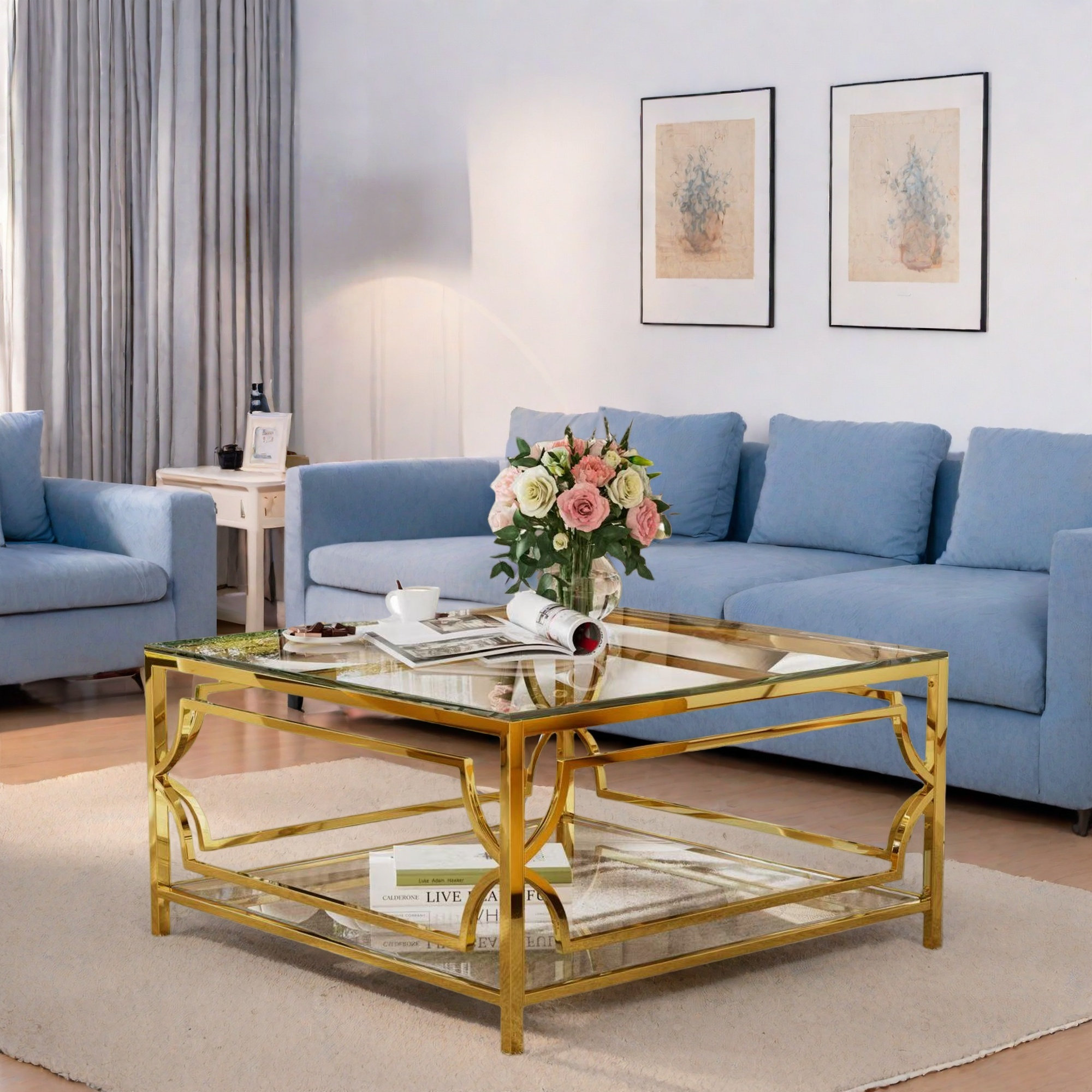 Mercer41 Square Glass Coffee Table With Metal Frame, Tempered Glass Top ...