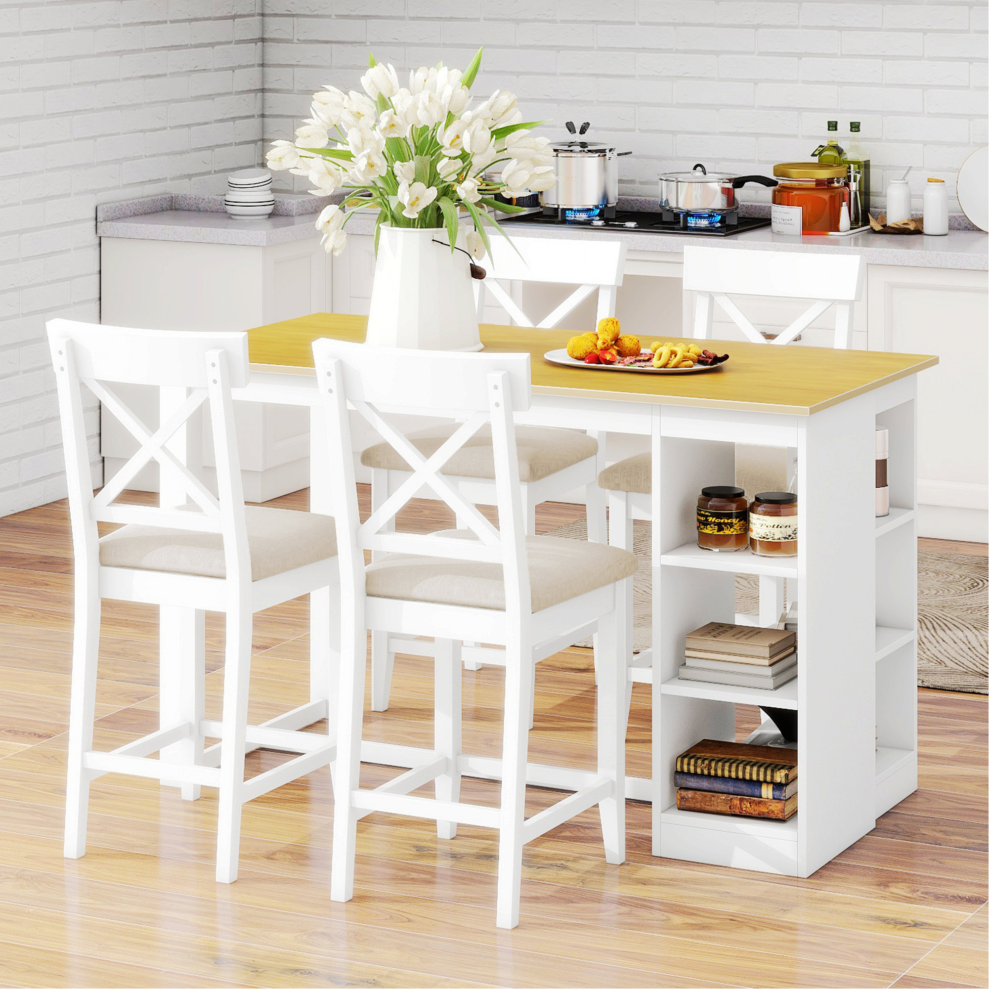 Gracie Oaks Classical Solid Wood Dining Table Set with 3-Tier Storage ...