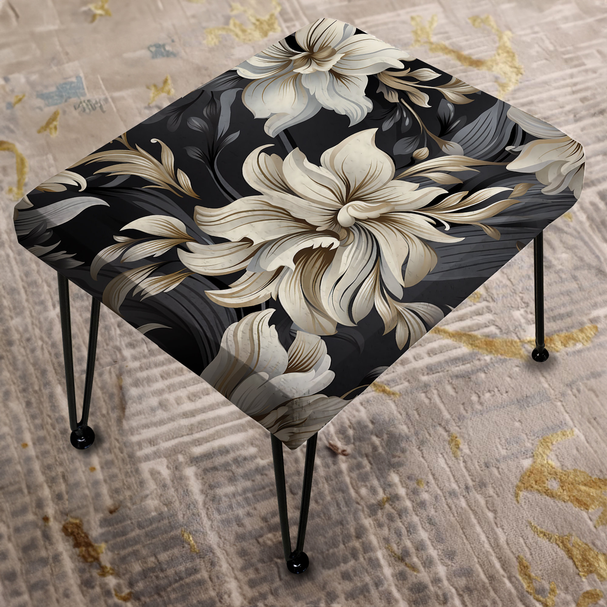 Design Art Deep Black Silver Flowers Elegance - Glam Rectangle Ottoman ...
