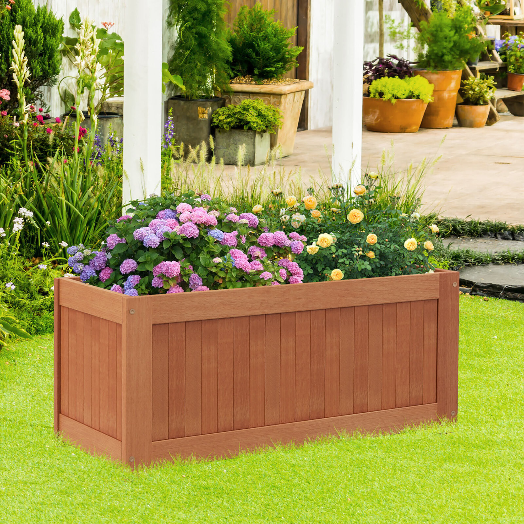 Arlmont & Co. Hardwood Outdoor Planter Box W/ Seat 2-in-1 Wooden Raised ...