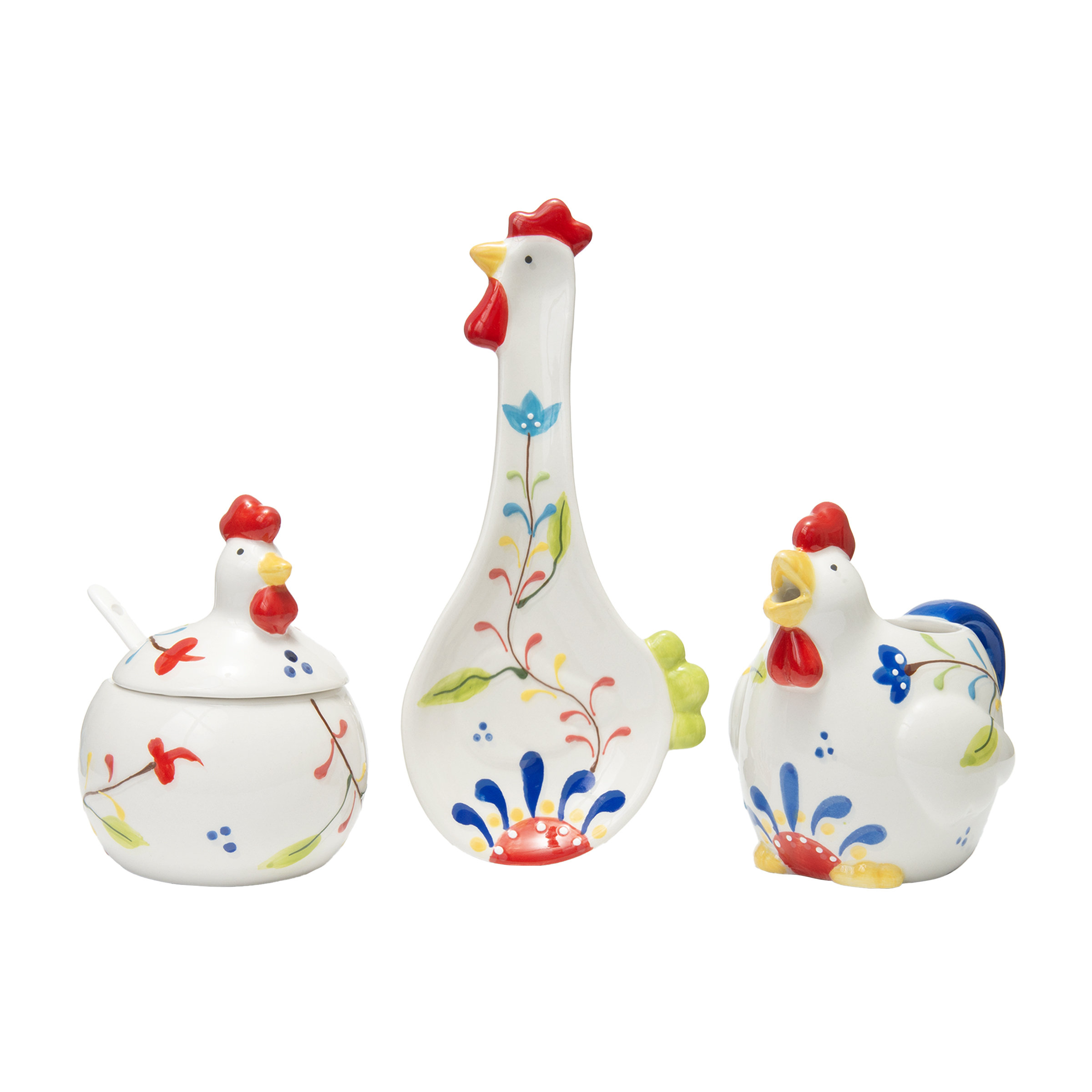 August Grove® 3-piece Ceramic Kitchen Set – Rooster Design Spoon Holder ...