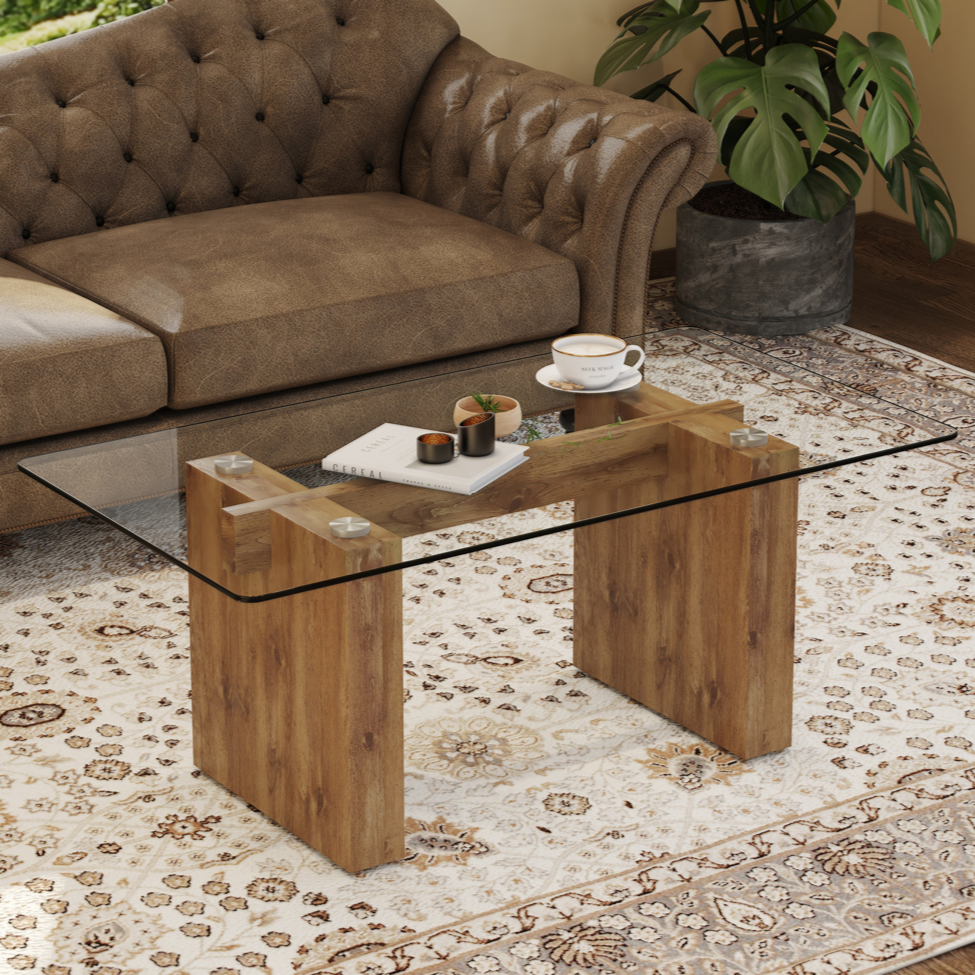 Ivy Bronx Modern Minimalist Transparent Tempered Glass Coffee Table And ...