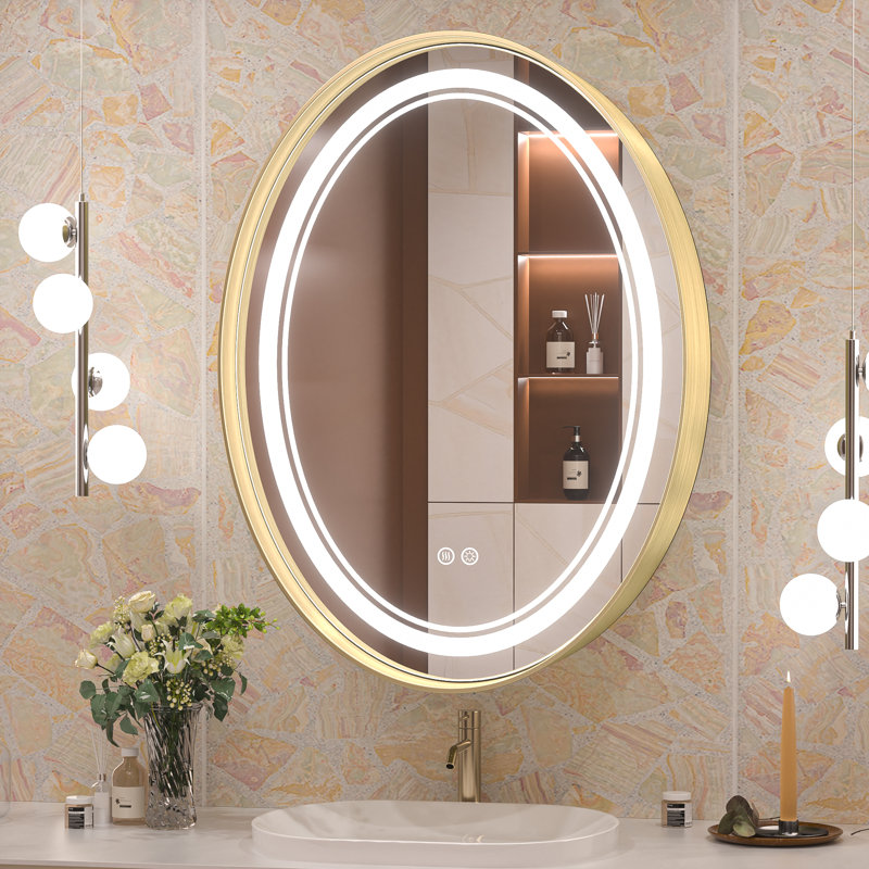 Orren Ellis Vinia Oval LED Lighted Bathroom Vanity Mirror Dimmable and ...