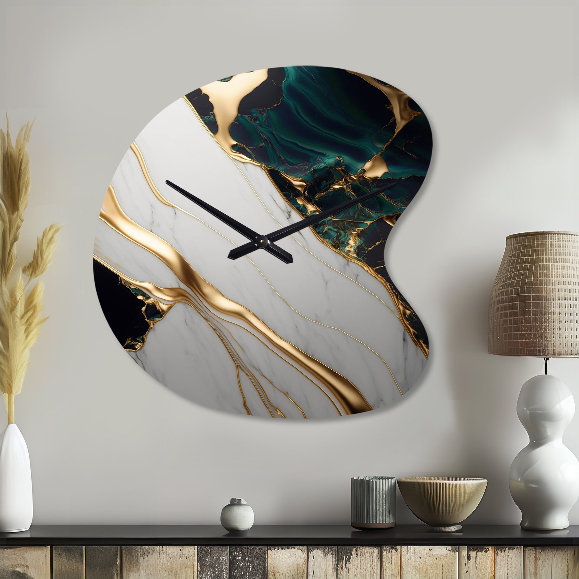 Design Art Abstract Geode Gold And Green Marble II - Marble Asymmetrical Metal Wall Clocks ...