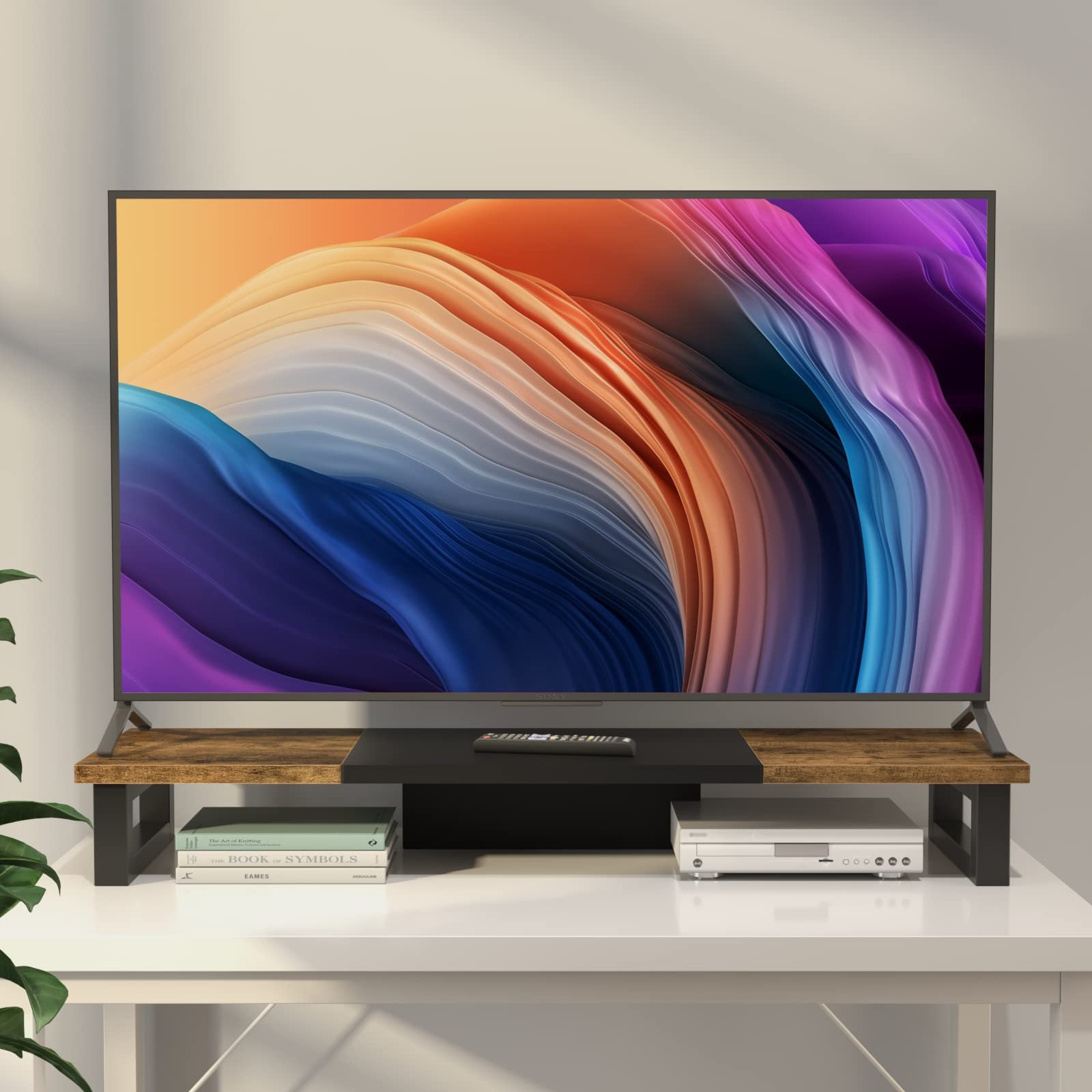 17 Stories Dual Monitor Stand Riser, Wood And Steel Monitor Stand Riser ...