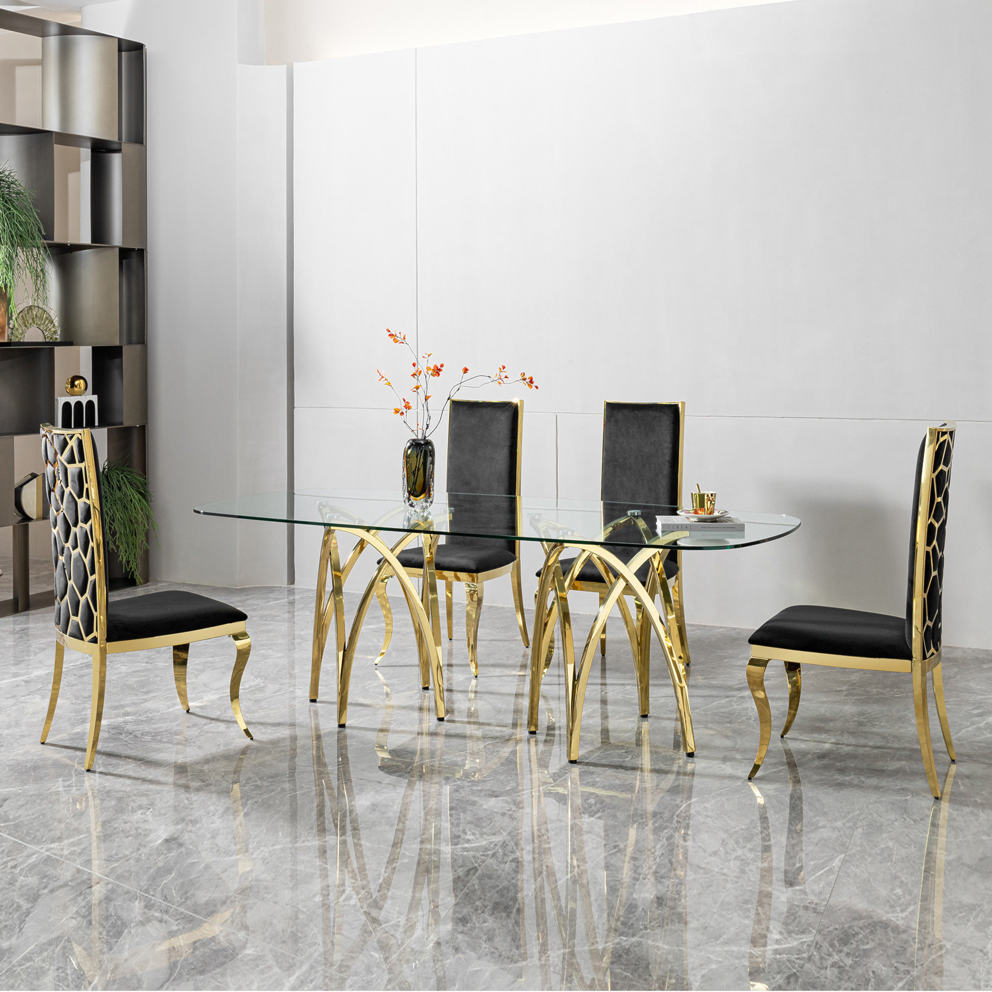 Everly Quinn Mirror Gold Stainless Steel Glass Dining Table And Dining ...