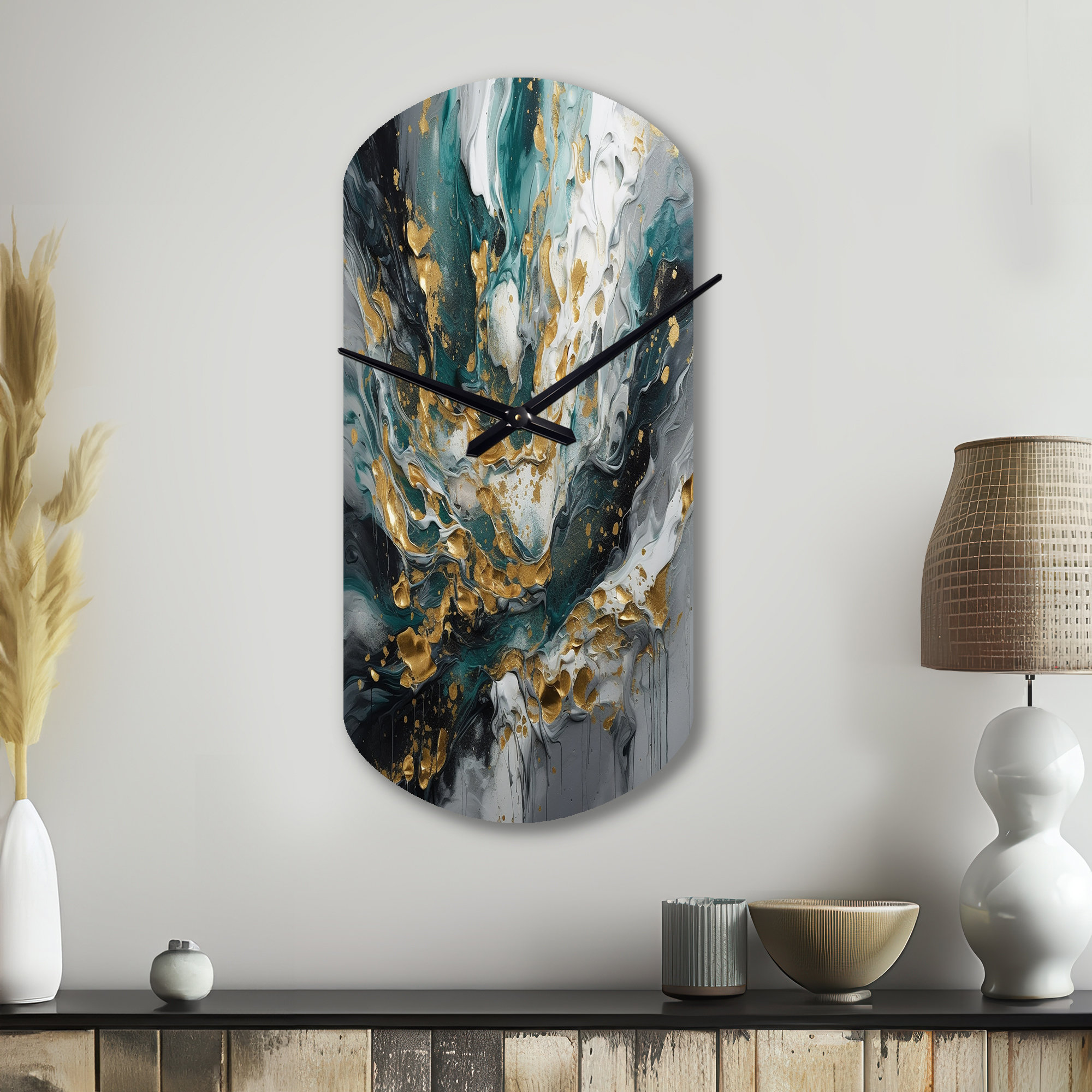 Design Art Gold Teal Ink On Stone - Abstract Cylinder Metal Wall Clock ...