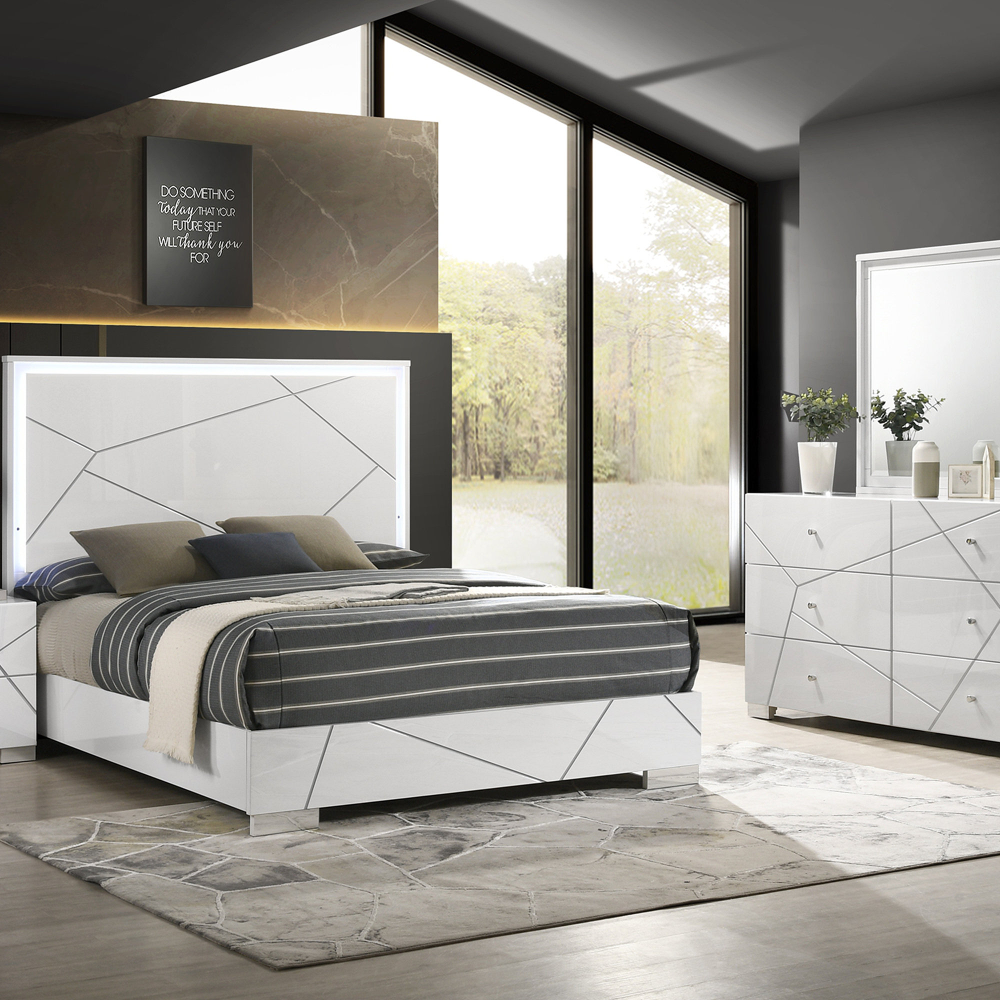 Everly Quinn 1pc Bed Pristine High-gloss White Finish Modern Elegance ...