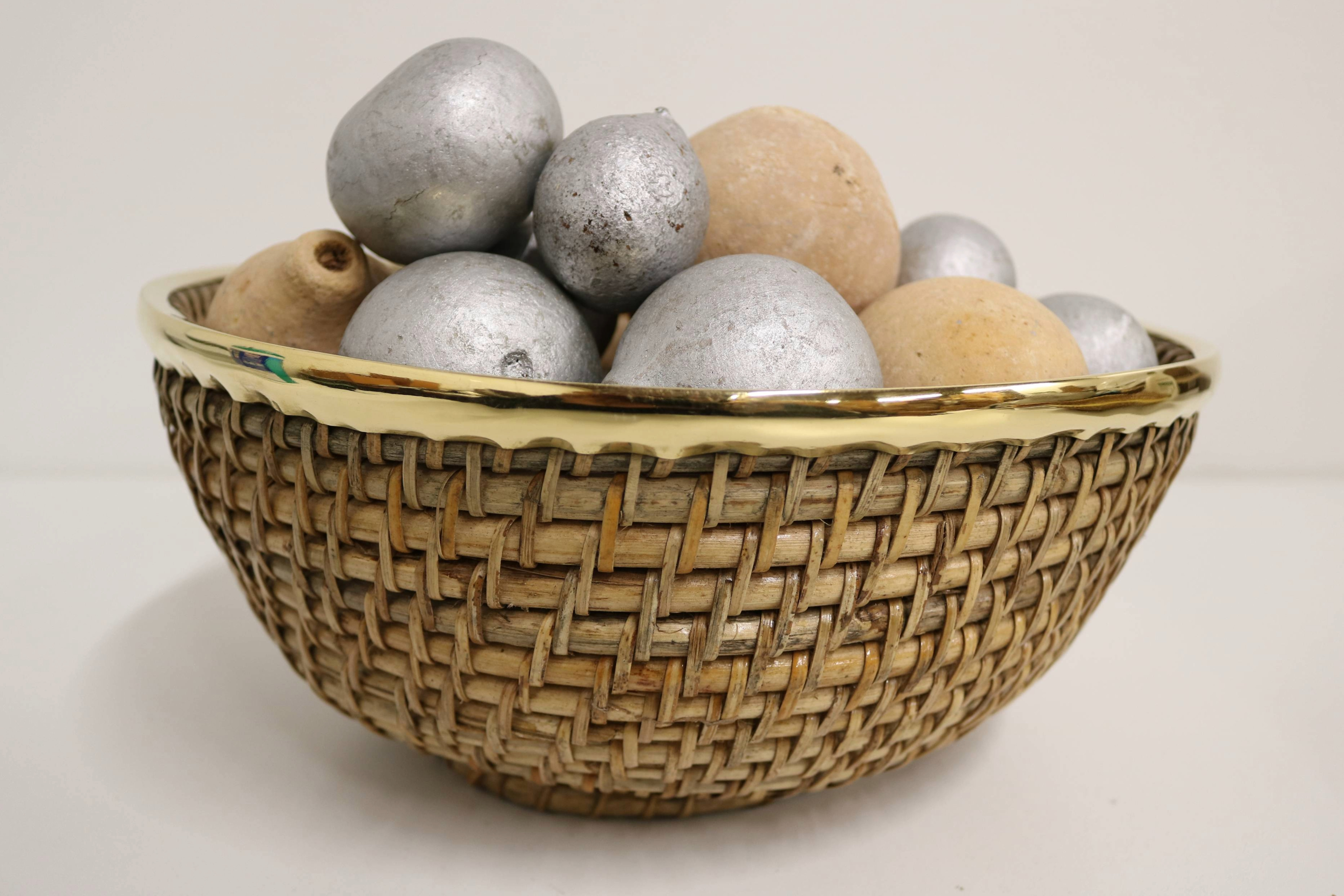 Bay Isle Home™ Home&Manor 12" Rattan Hammered Brass Rim Basket | Wayfair