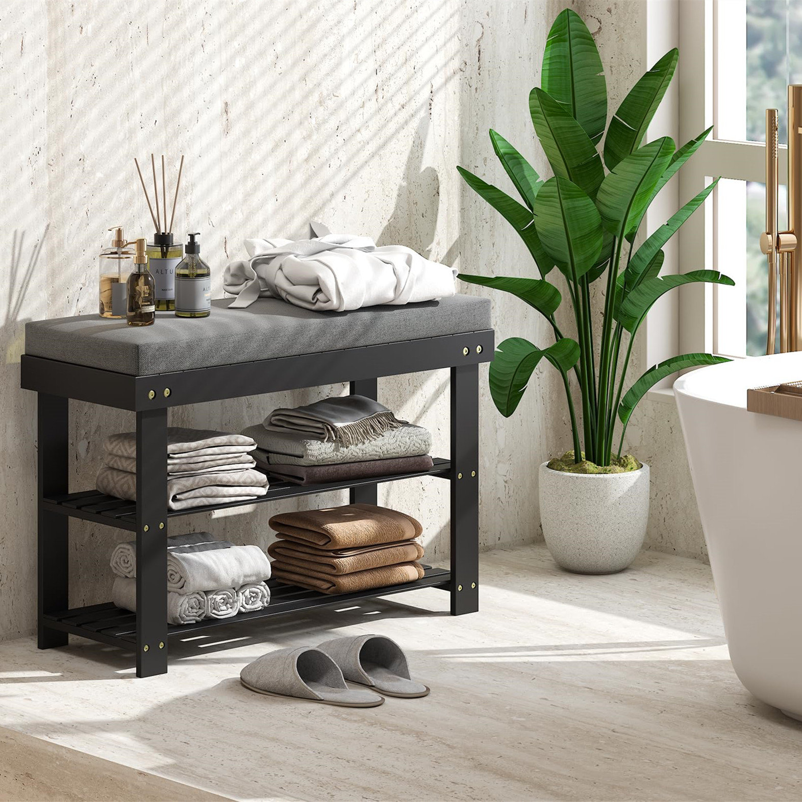 Latitude Run® Bamboo Shoe Rack Bench, Storage Organizer with Padded ...