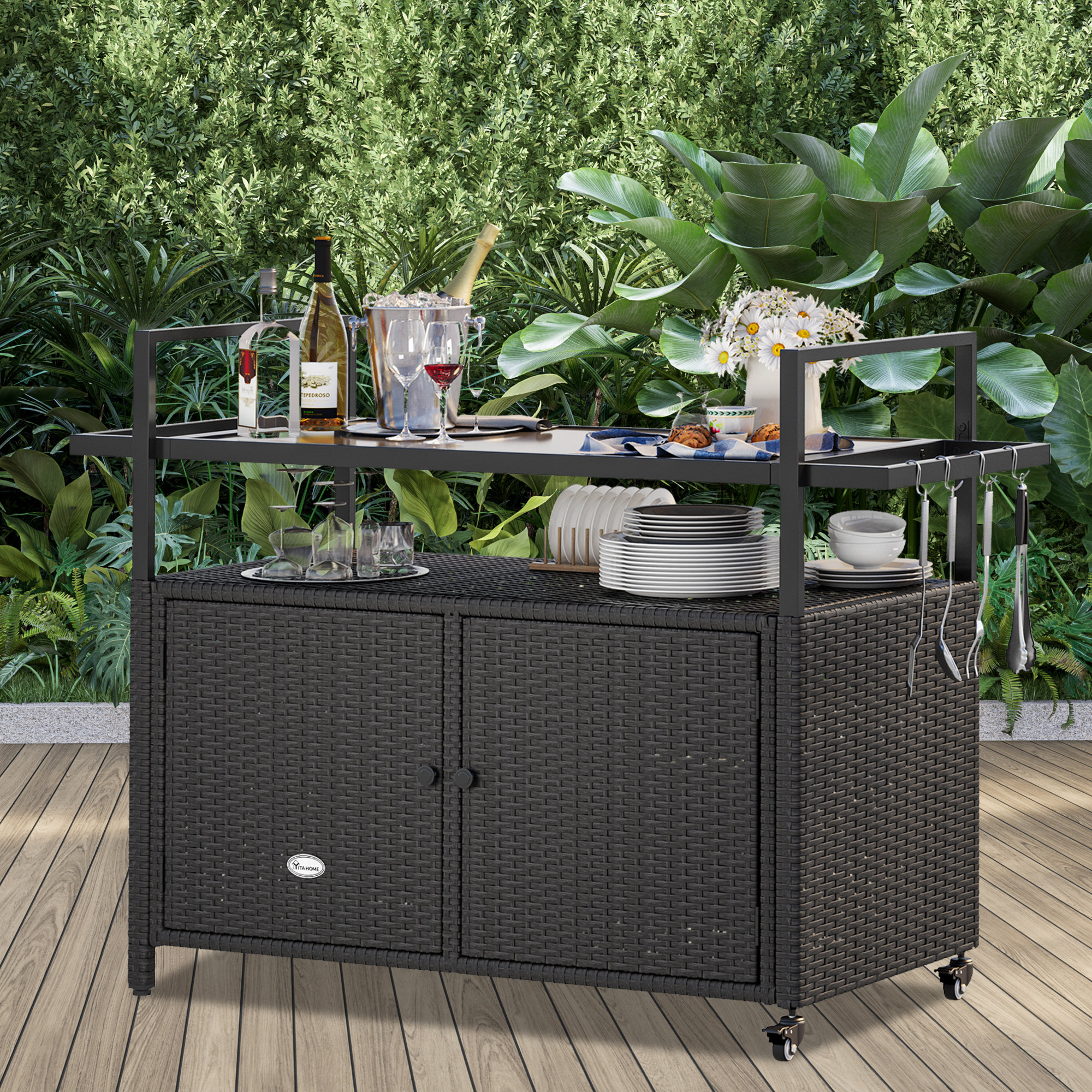 Hokku Designs Dark Brown Large Outdoor Kitchen Wicker Island Rolling ...