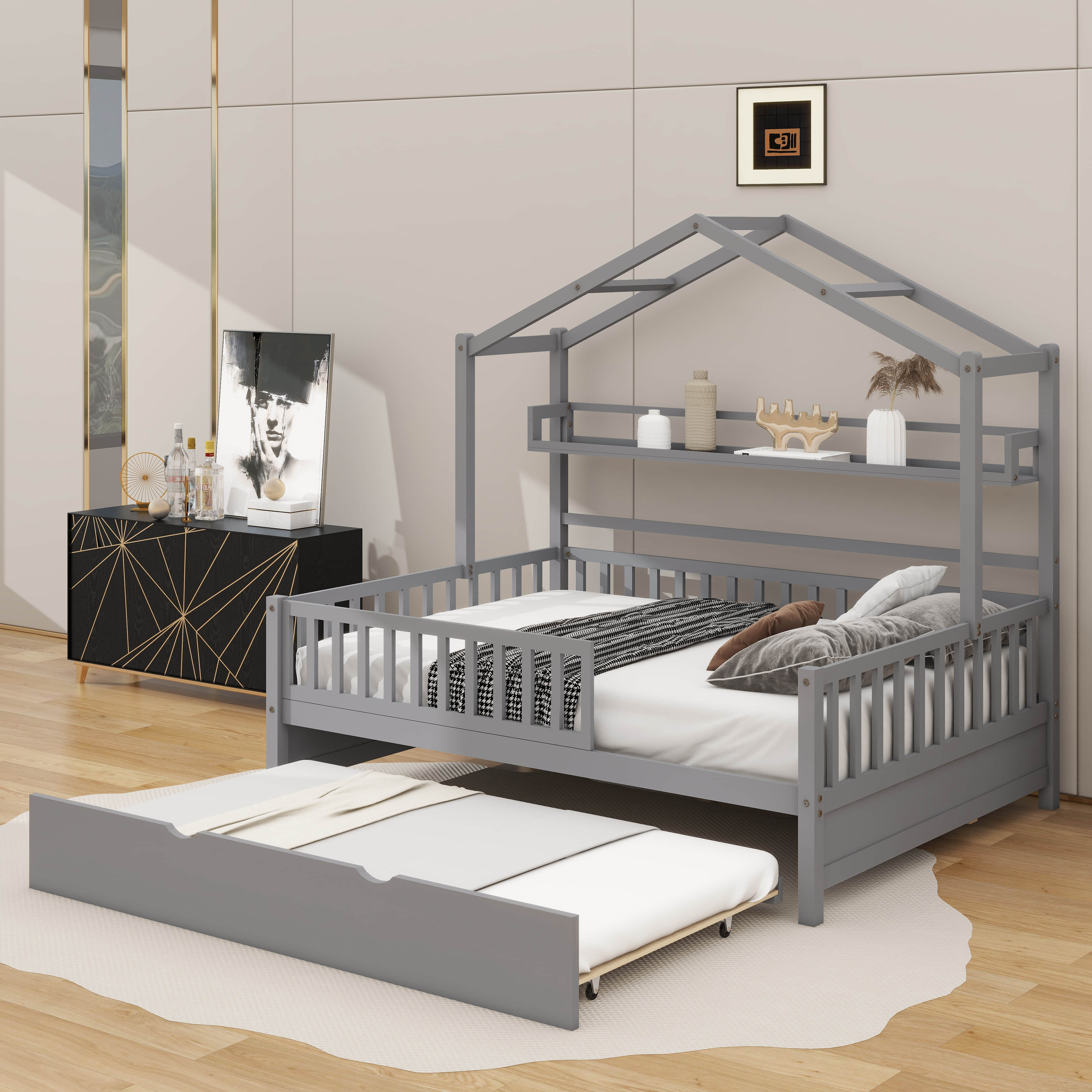 Union Rustic Full Rustic Children's Log Cabin Bed With Sliding Trundle ...