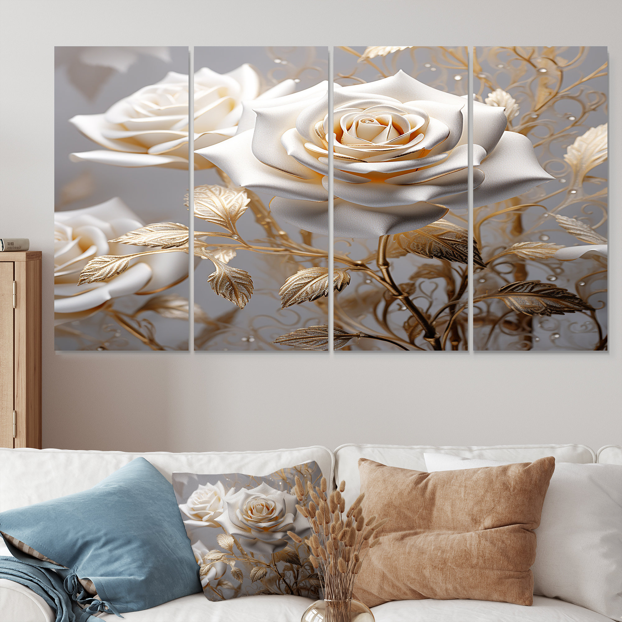Winston Porter White Rose Golden Leaves On Gray II - Roses Wall Art ...