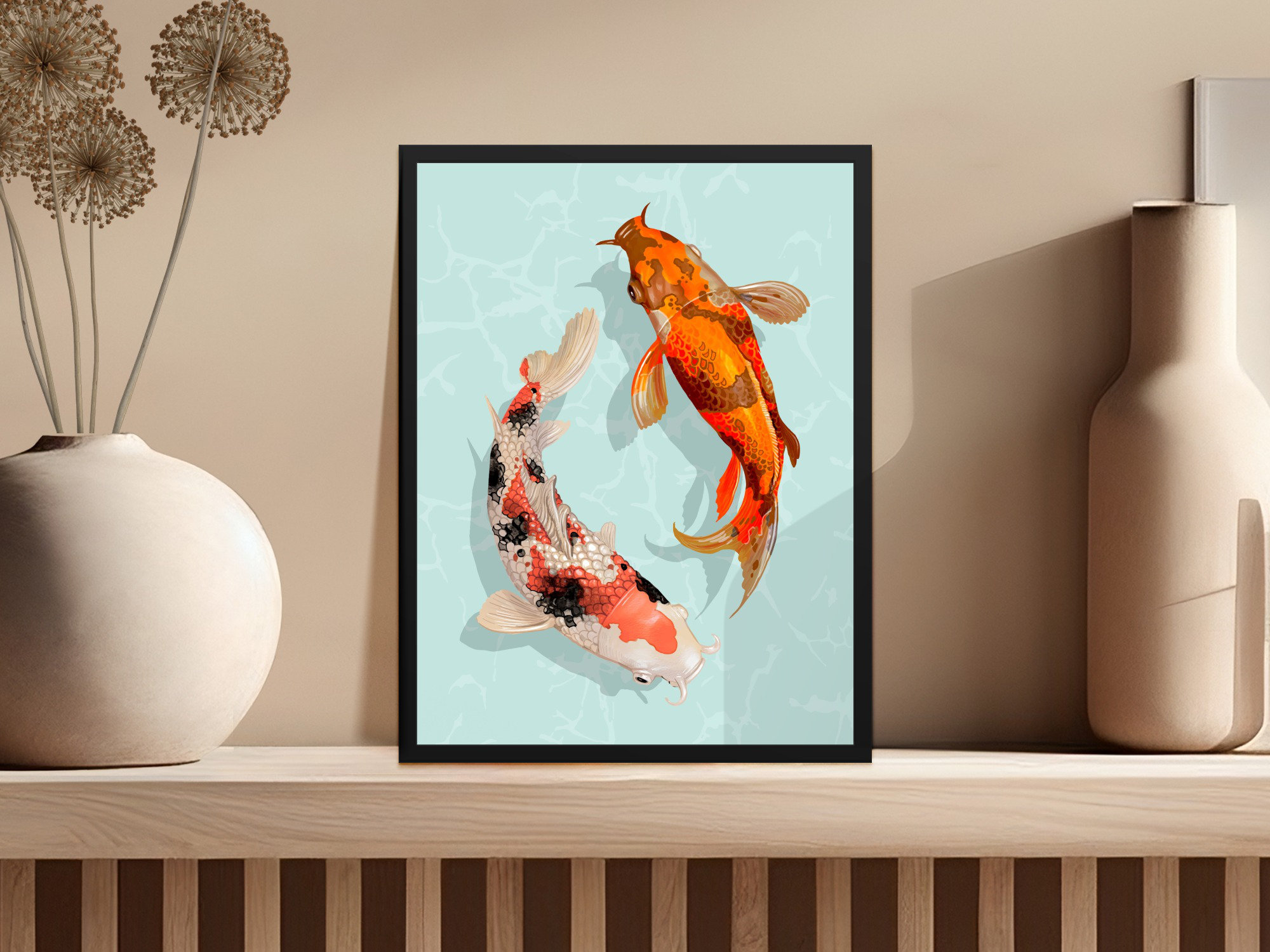 Lark Manor Two Koi Fish Swimming Gracefully Home Decor Framed Poster ...