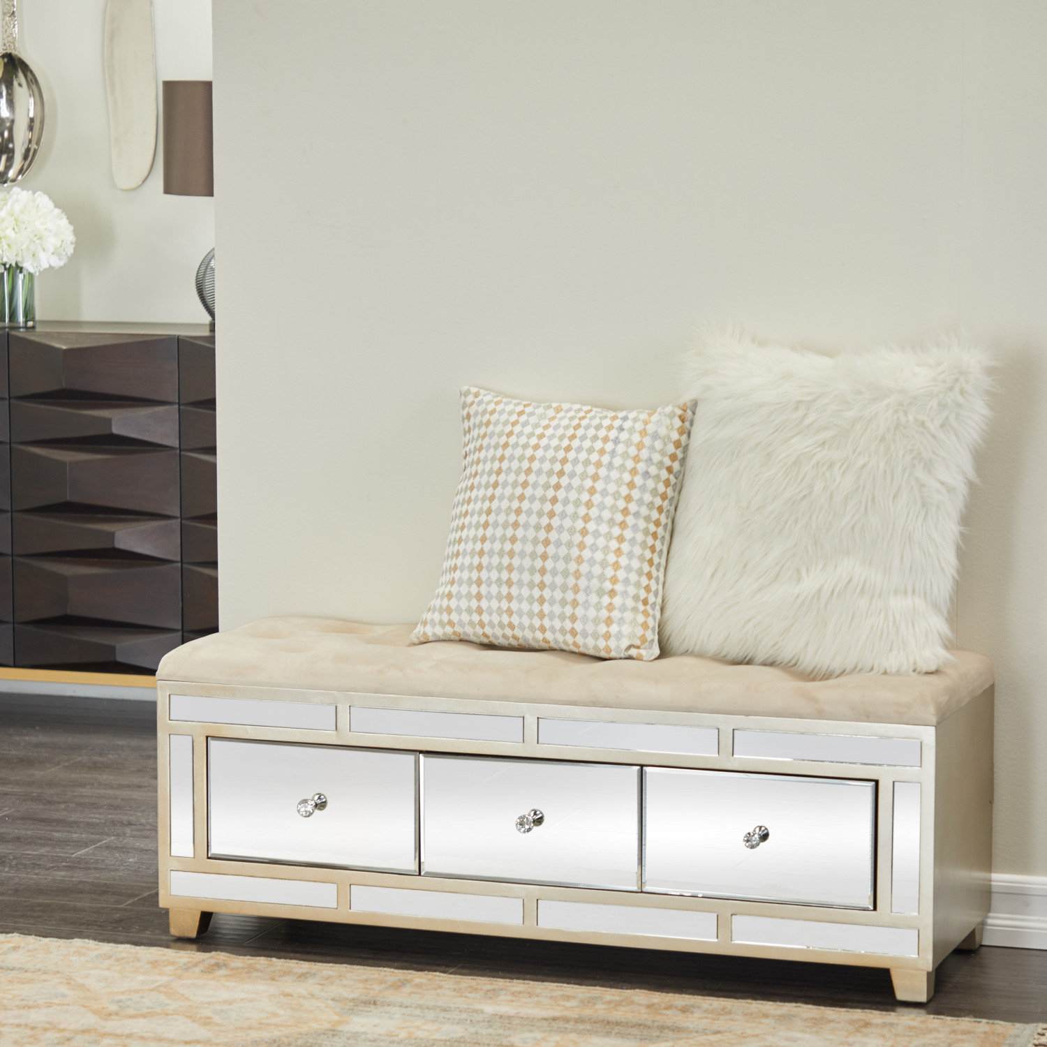 Willa Arlo™ Interiors Hindsville Wood Mirrored 3 Drawer Home Bench with ...