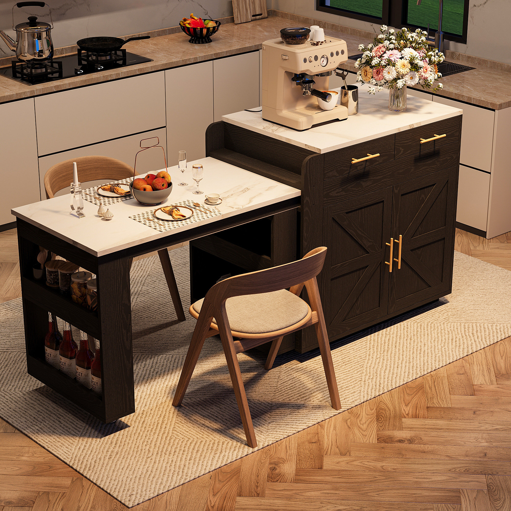 Latitude Run® 70.8" Transitional Style Kitchen Island With Extendable ...