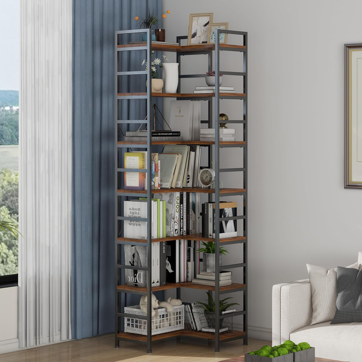 Leader Books 7-Shelf Corner Bookshelf Freestanding Large Modern Corner ...