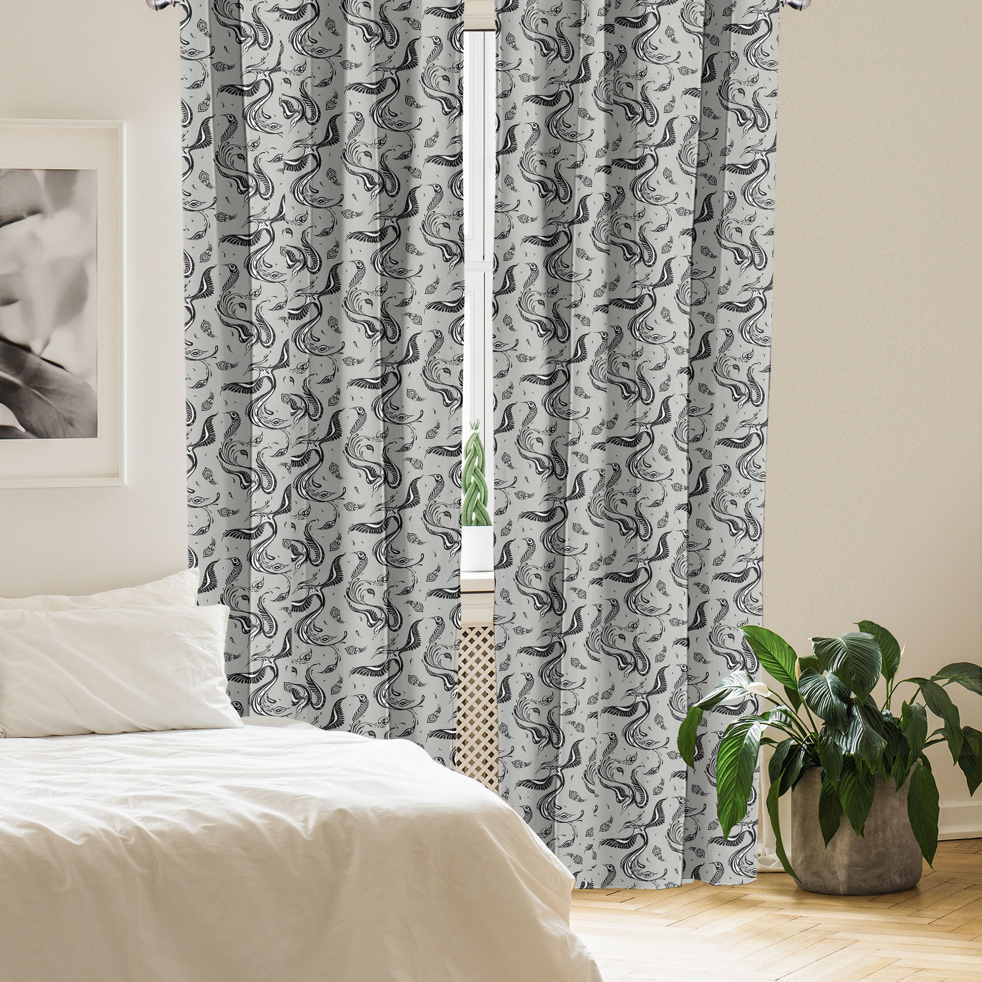 East Urban Home Folk Art Curtains Bird Pattern Asian Style Pair of Grey ...