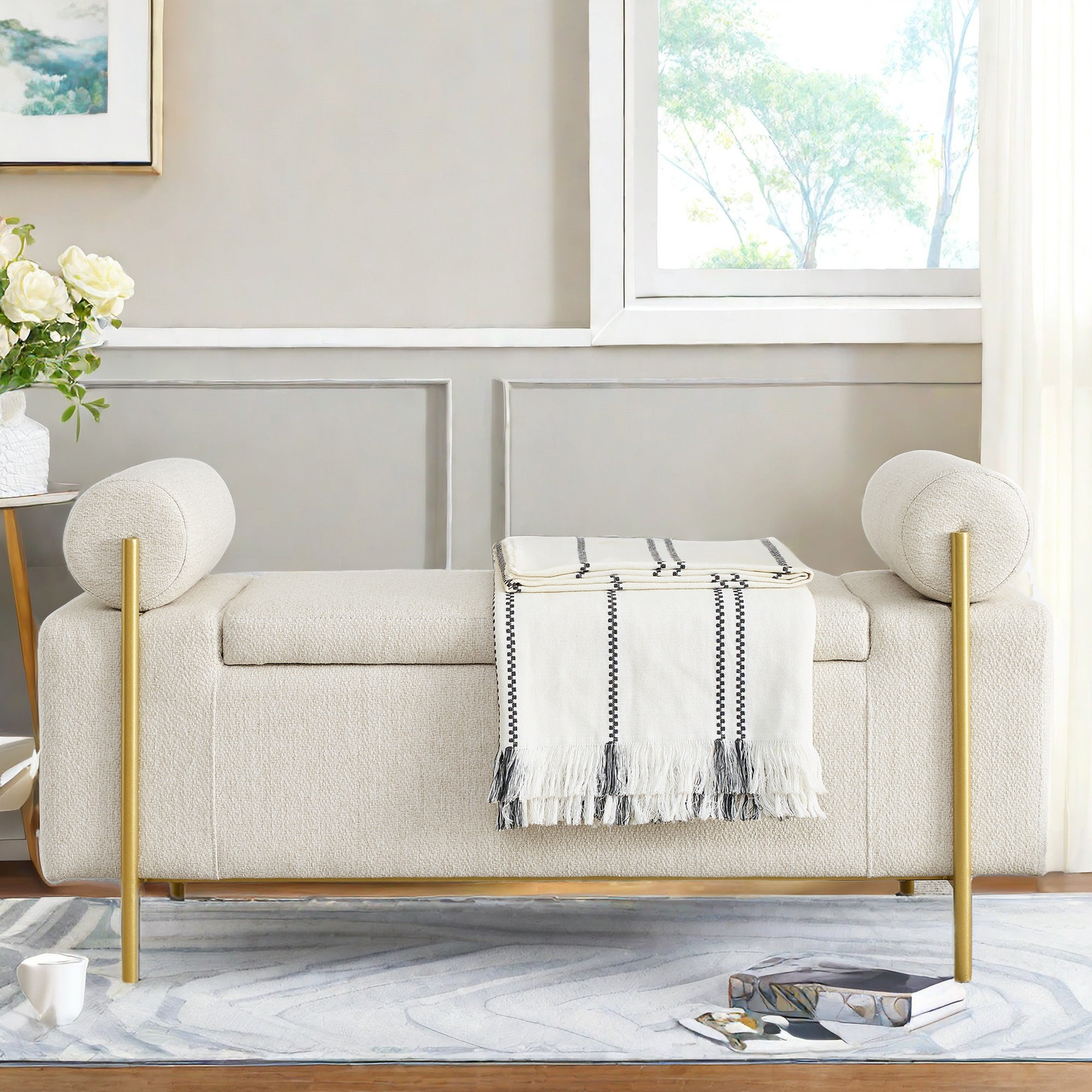 Mercer41 Elegant Upholstered Linen Bench With Storage Space ...