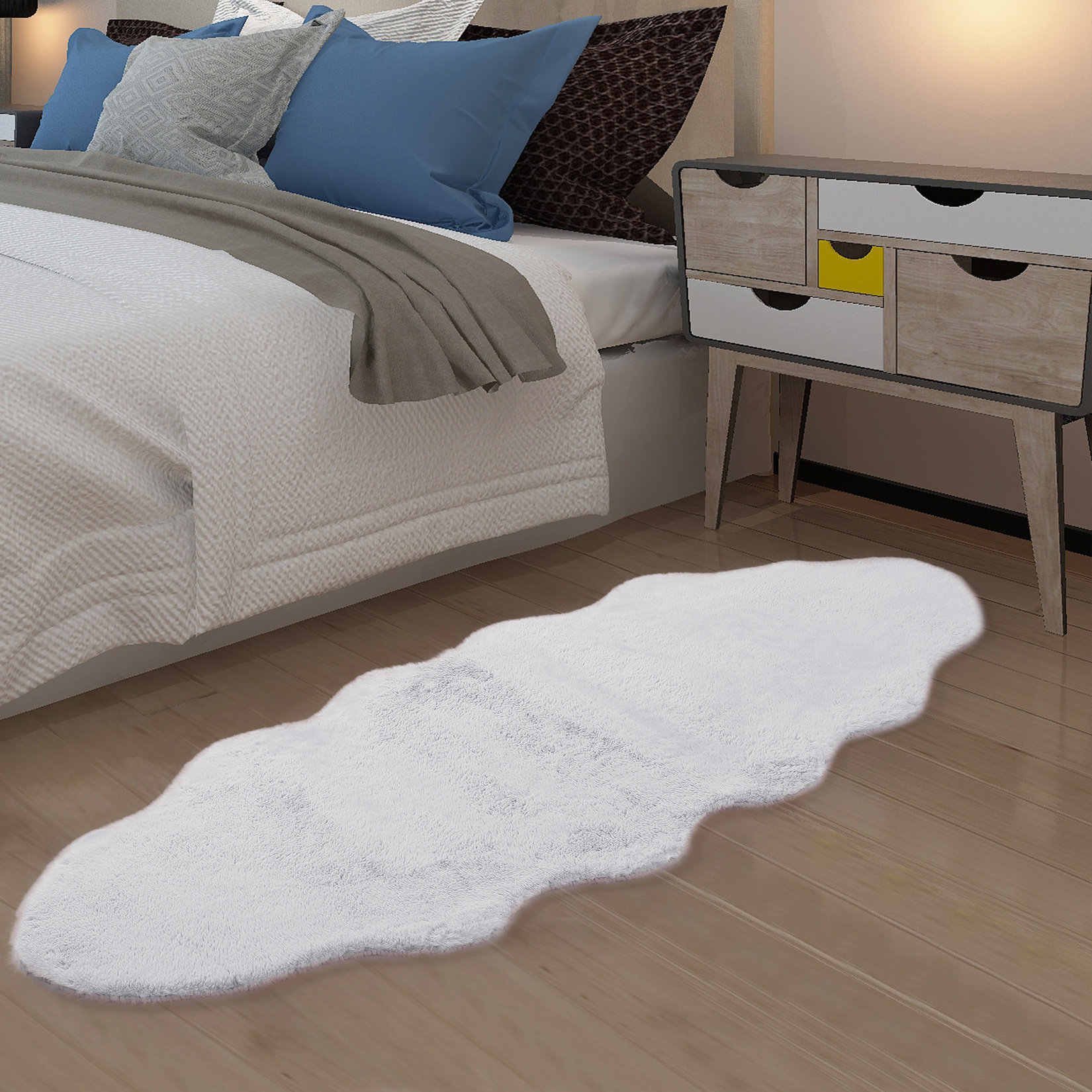 Everly Quinn Solid Color Machine Braided Faux Fur Area Rug in White ...