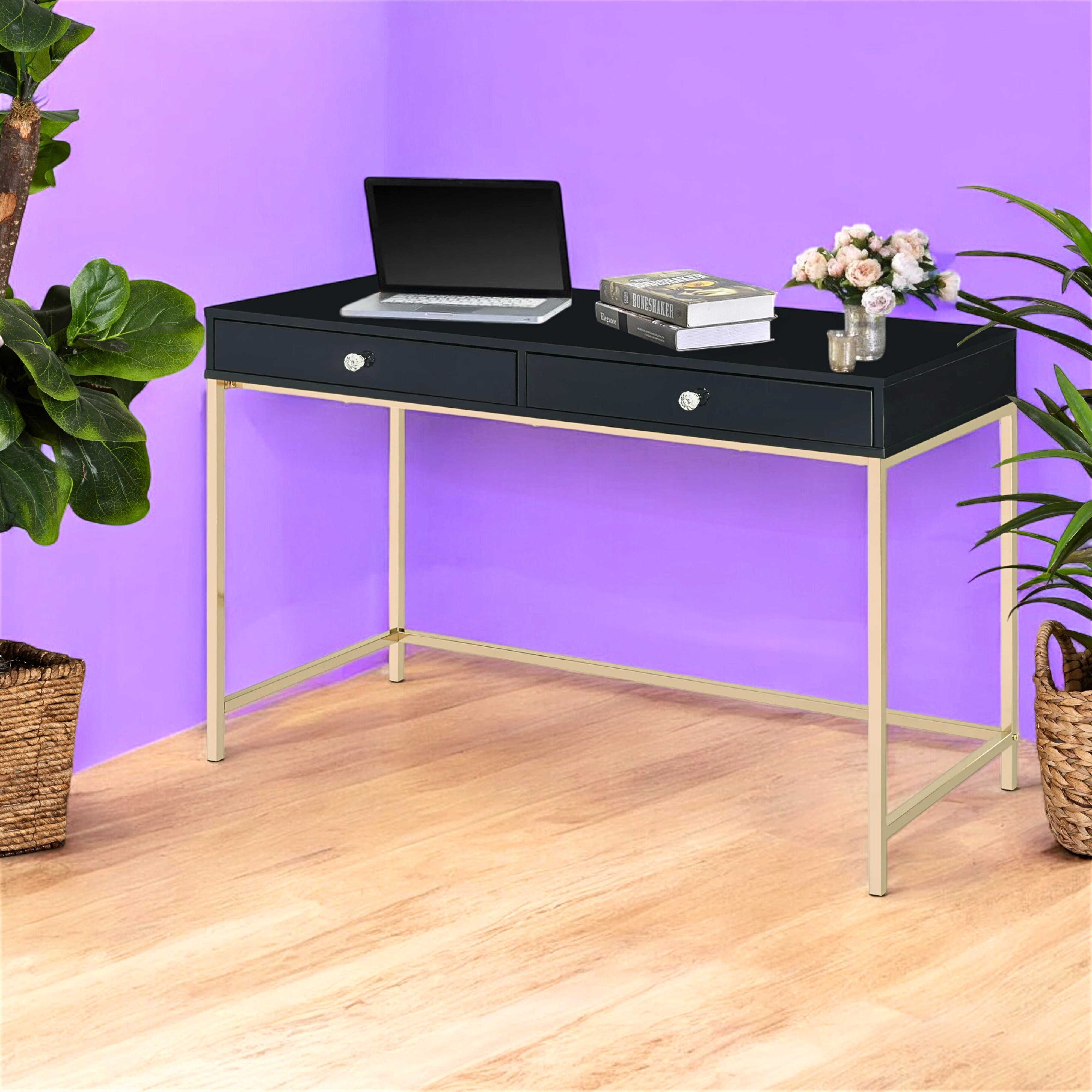 Trio Supply House Eileen Writing Desk with Black High Gloss and Gold ...