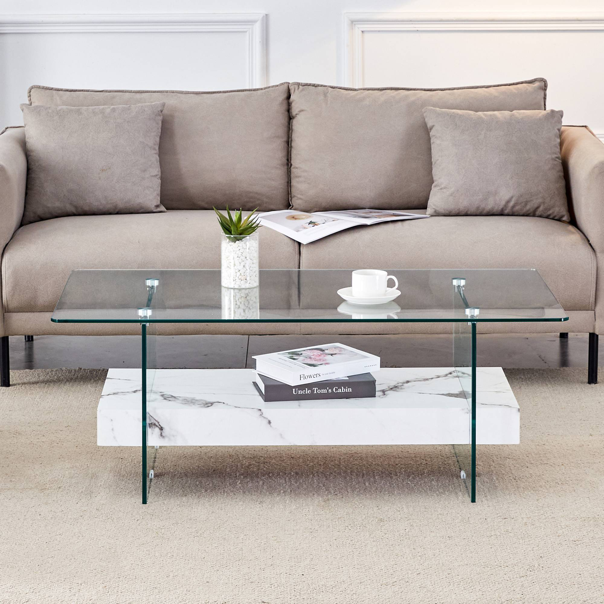 George Oliver 40.3-inch sturdy double-layer coffee table - tempered ...
