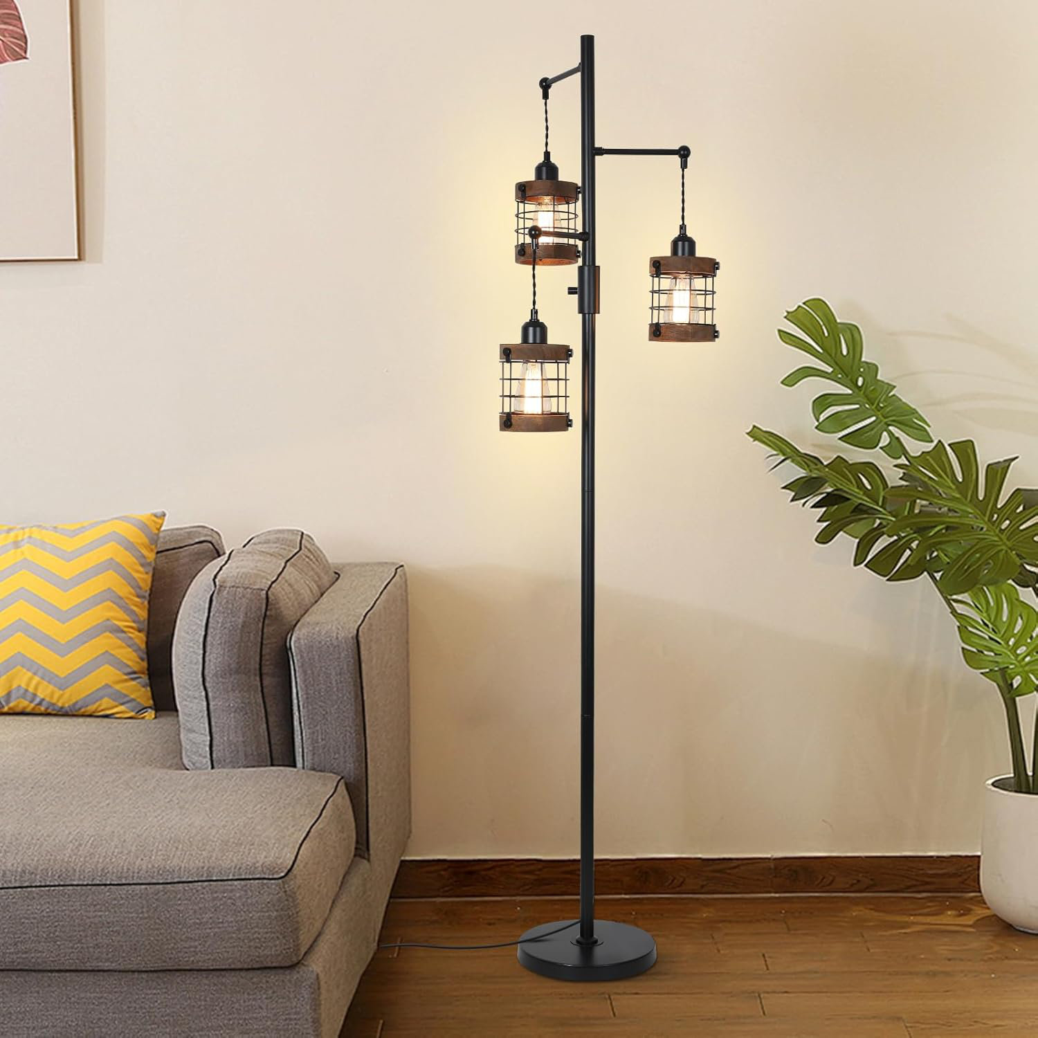 17 Stories Dimmable 3-Light Industrial Floor Lamp With Wood & Metal ...