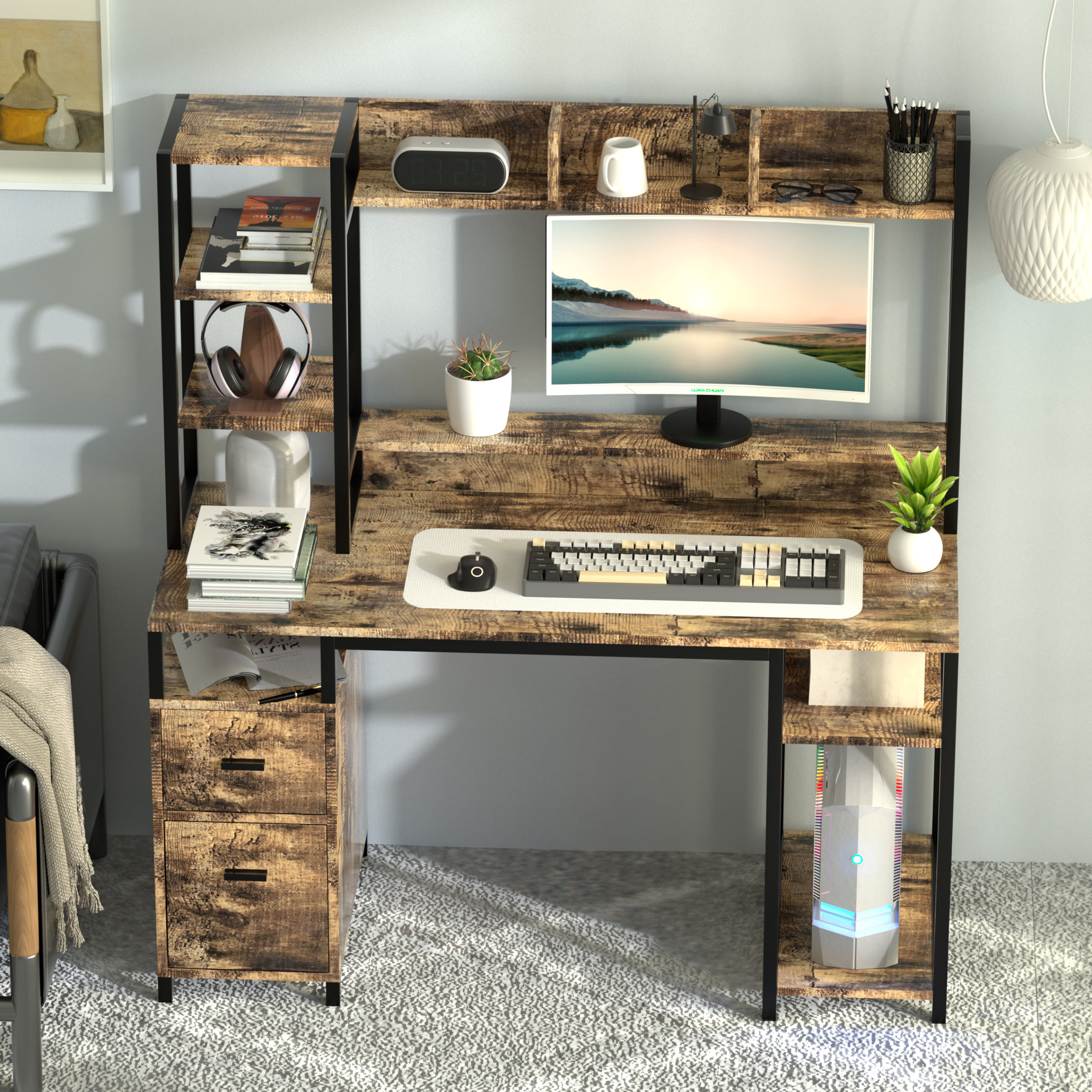 17 Stories Warish Computer Desk with Storage Shelves | Wayfair