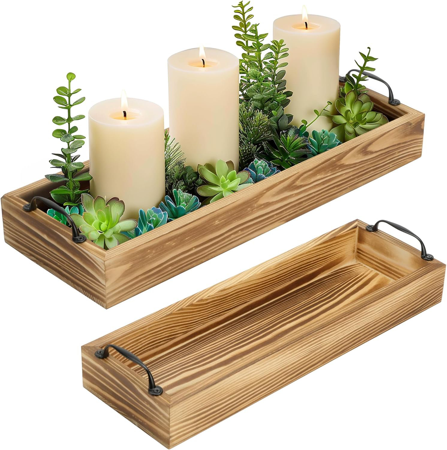 One Allium Way Wooden Decorative Tray, Set Of 2, Brown Long Rustic ...