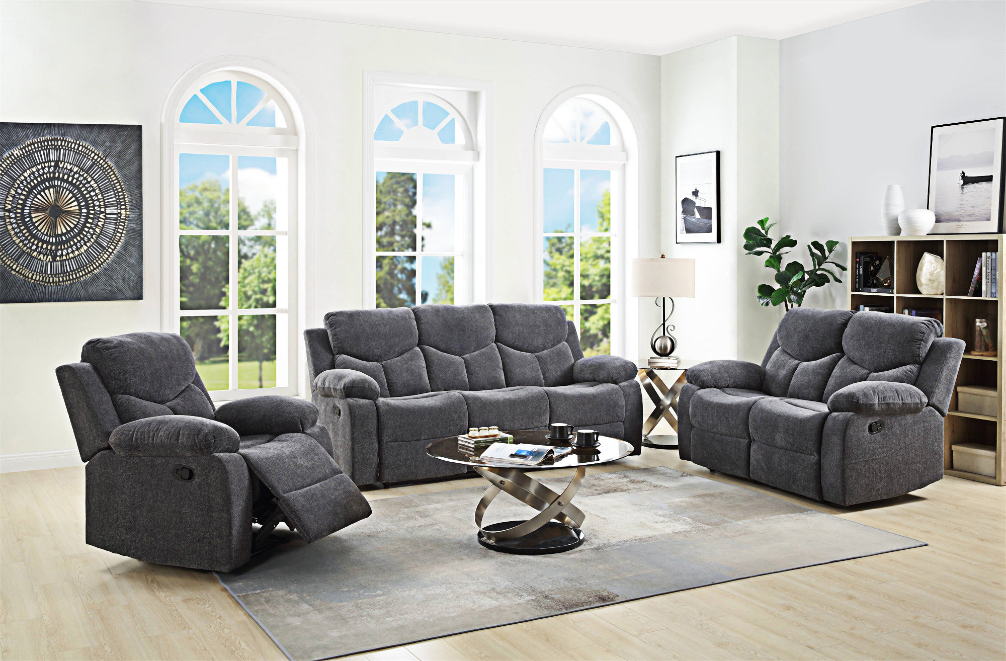 Hokku Designs Kalen Gray Chenille 3PCS Recliner Living Room Set | Wayfair