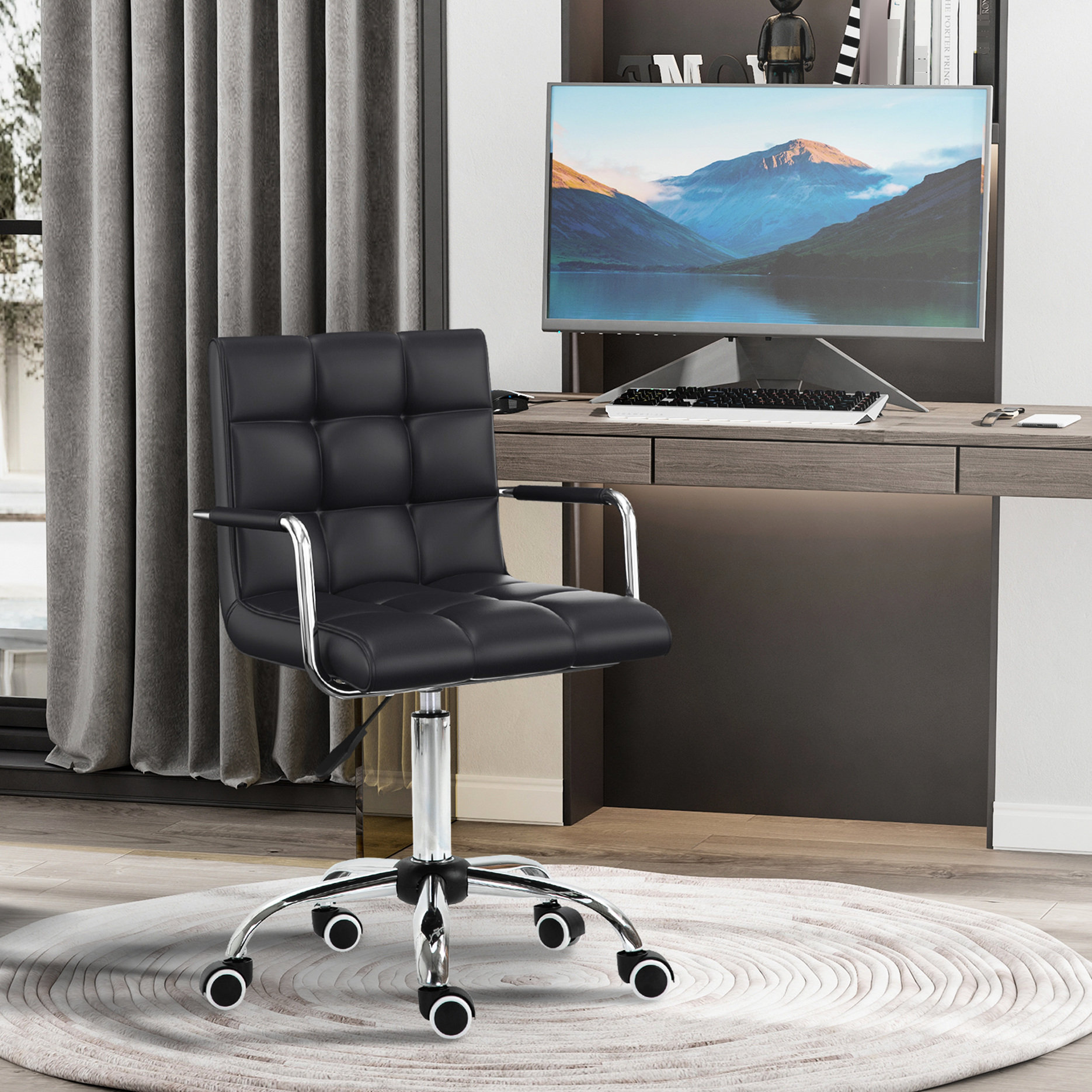 Ivy Bronx Computer Desk Chair - Black Pu Leather, Adjustable Seat ...