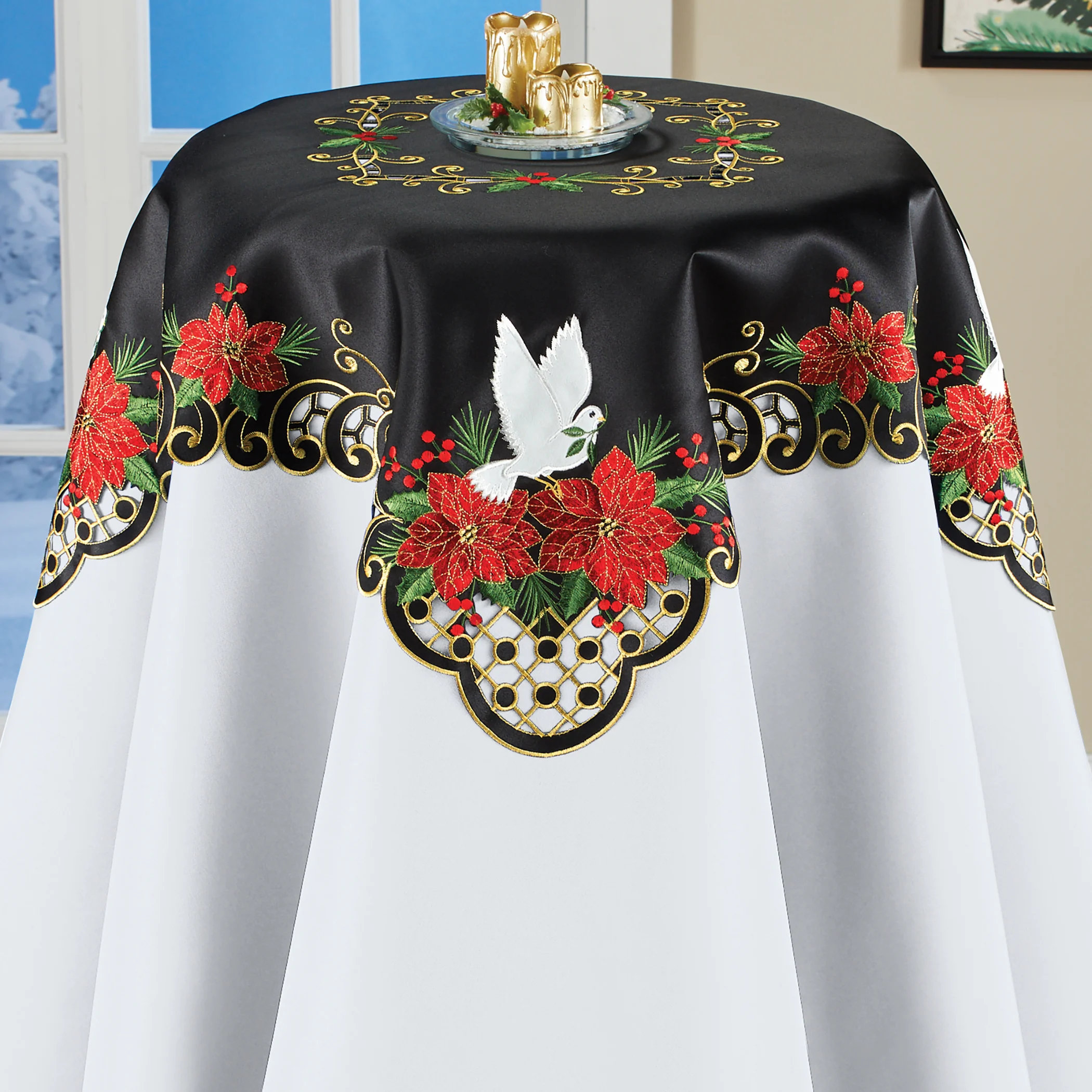 The Holiday Aisle® Holiday Poinsettia Dove Cut-Out Table Linens | Wayfair