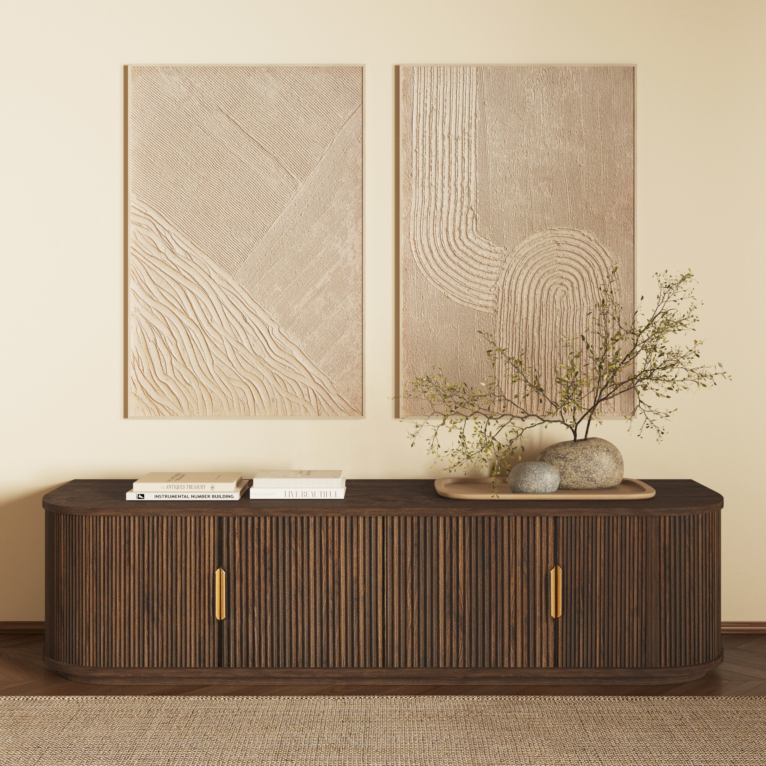 Millwood Pines Clora 70" Ribbed Walnut Media Console With Brass Handles ...