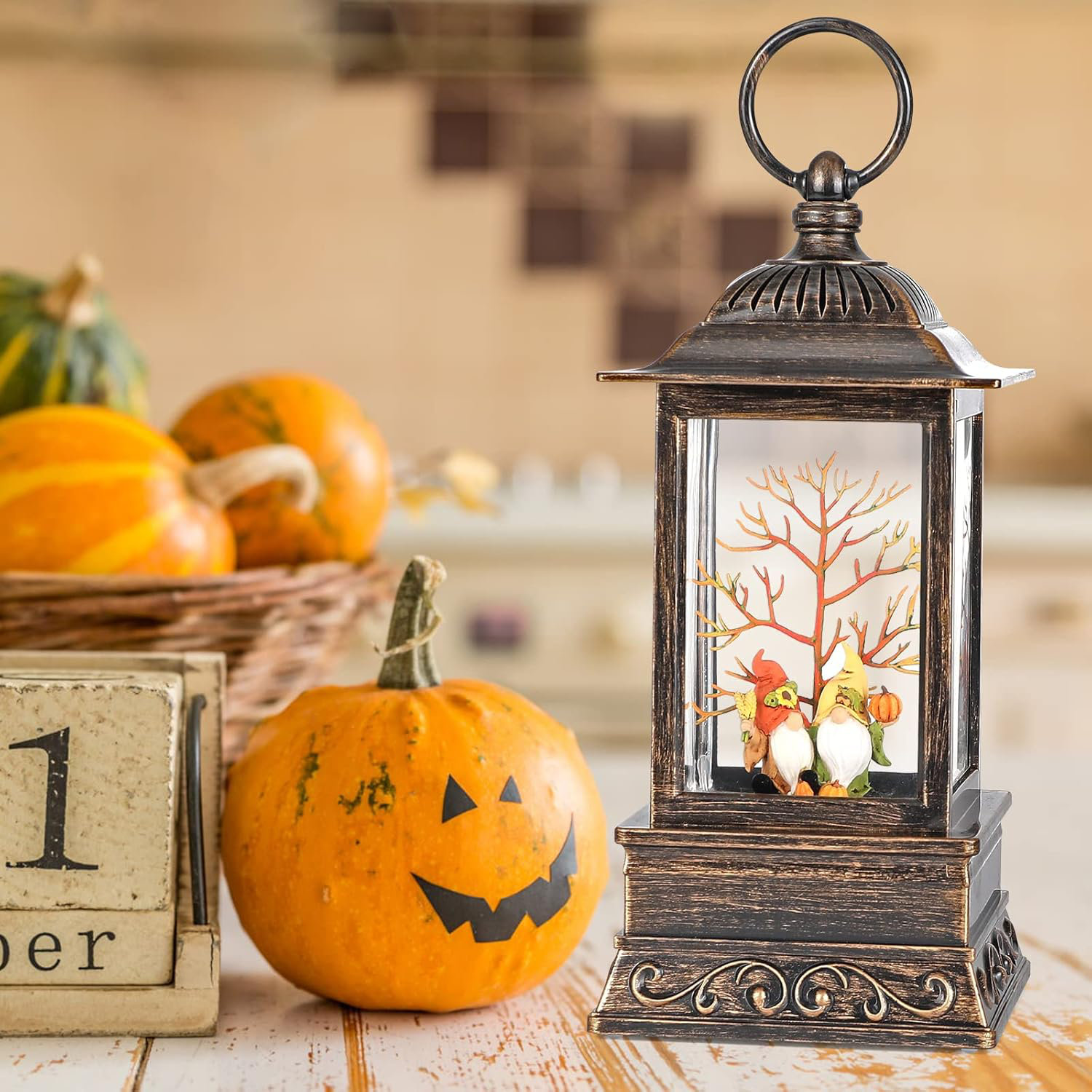 The Holiday Aisle® Fall Snow Globe Gnome Lantern Glitter Lighted Snow ...