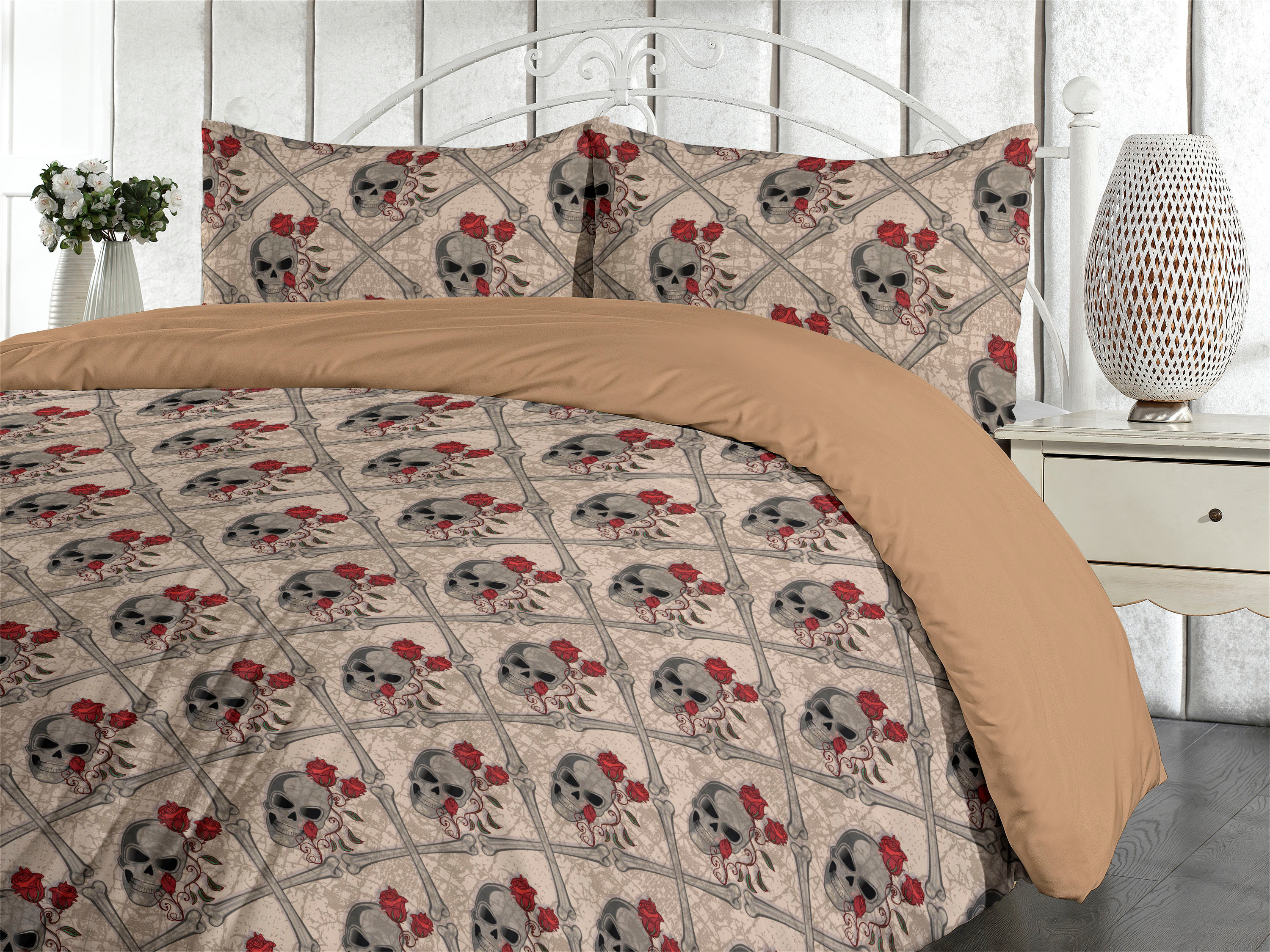 Ambesonne Gothic Duvet Cover Set Skull Face Impression Roses Ecru Taupe ...