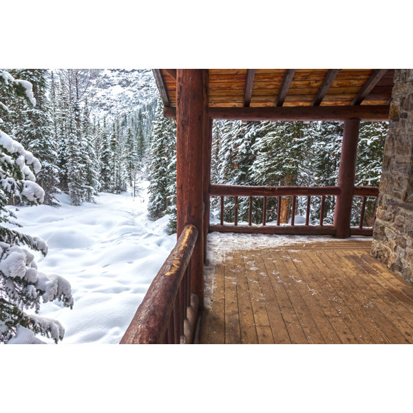 Union Rustic Alpine Log Cabin Porch In Winter In Banff National Park by ...