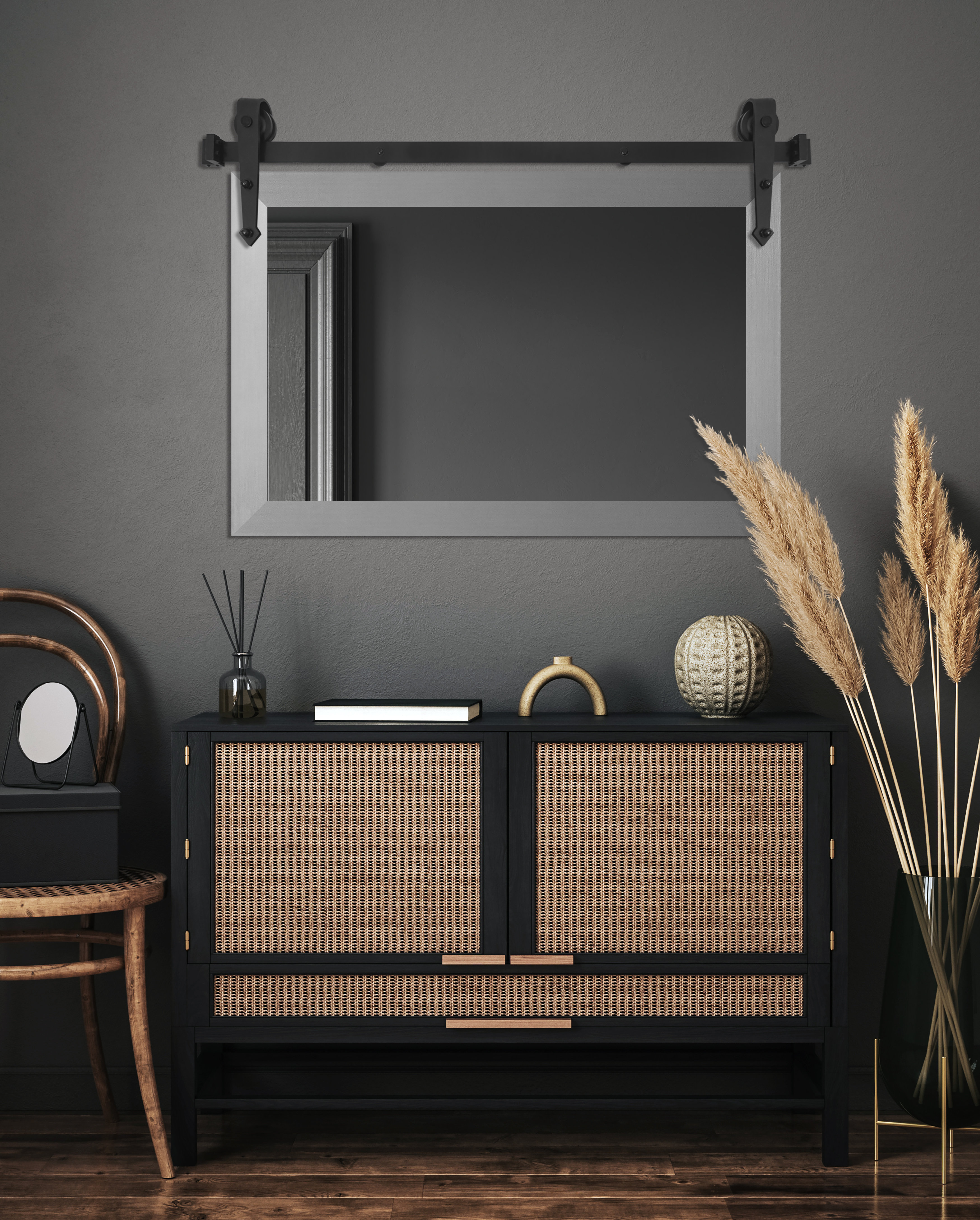 Wade Logan® Modern Rustic Mirror with Steel Barn Door Track and ...