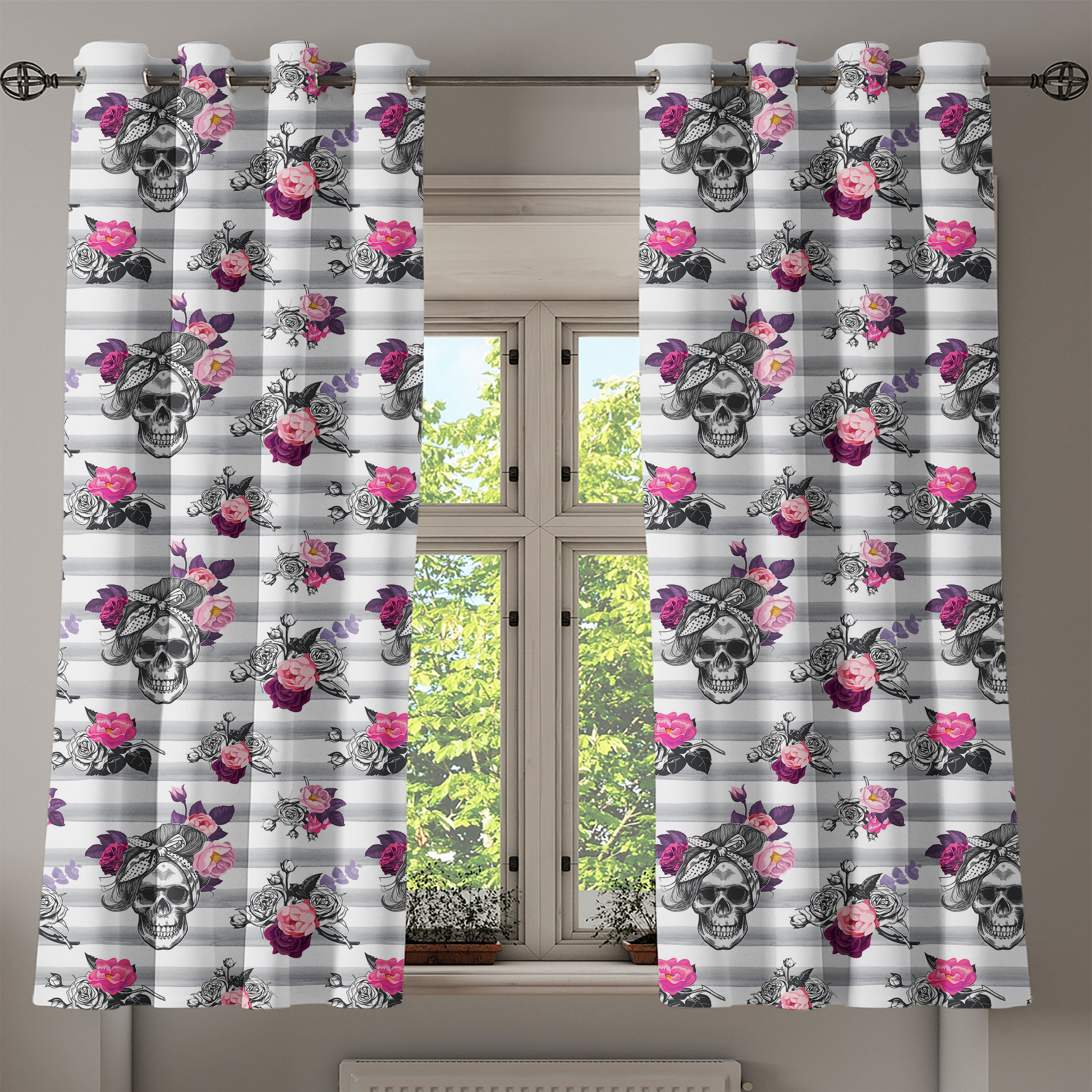 East Urban Home Gothic Grommet Curtain Contemporary Skull Floral Pale ...