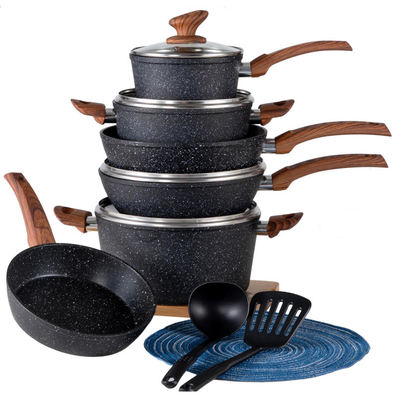 Alphamarts 12 Piece Granite Black Nonstick kitchen Cookware Induction ...