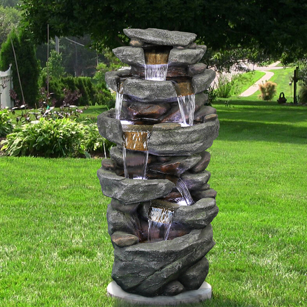 Ivy Bronx 40.5" Rocks Outdoor Waterfall Fountain - 6-Tiers Freestanding ...